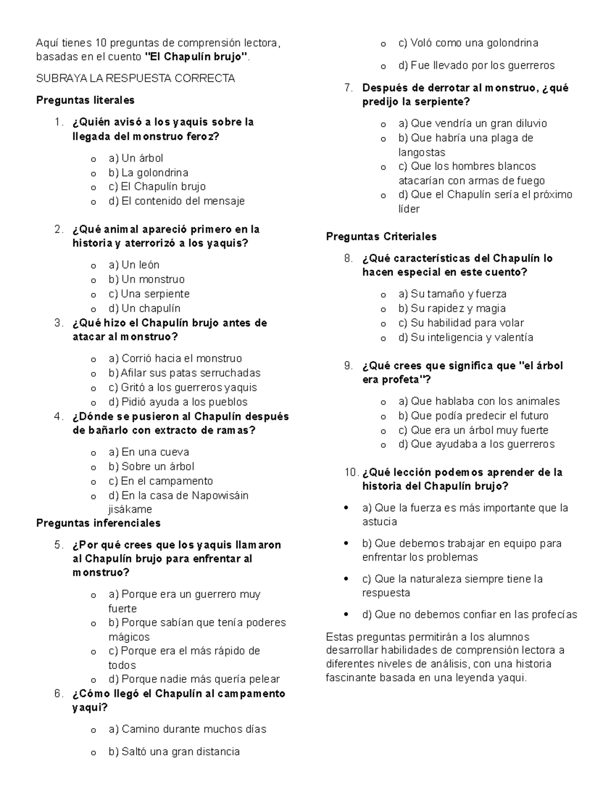 Preguntas de Comprensión Lectora sobre "El Chapulín Brujo" - LIT 101 ...