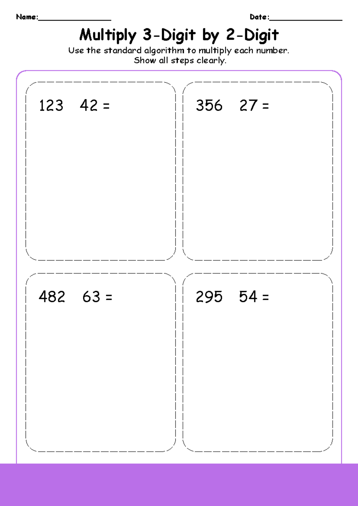3-Digit by 2-Digit Multiplication - 5th Grade Worksheet - Name: 123 × ...