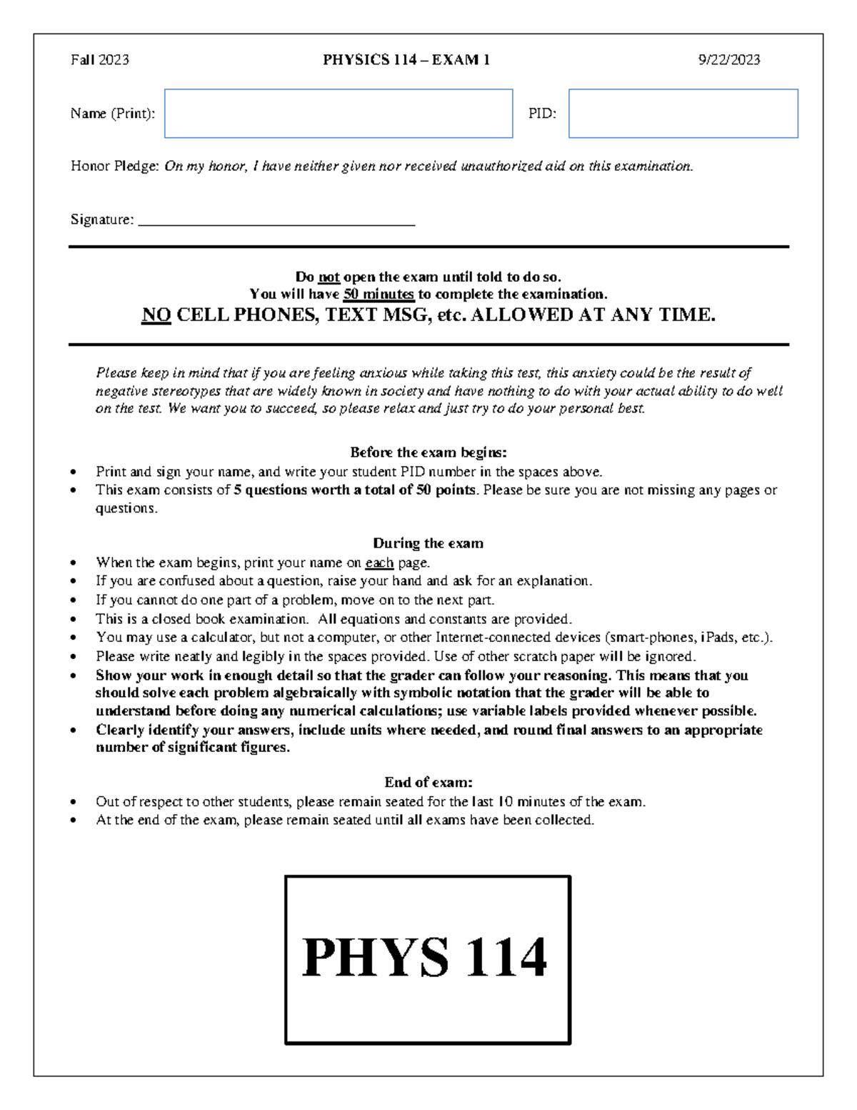 PHYSICS 114 EXAM 1 GUIDELINES & QUESTIONS Fall 2023 - Studocu
