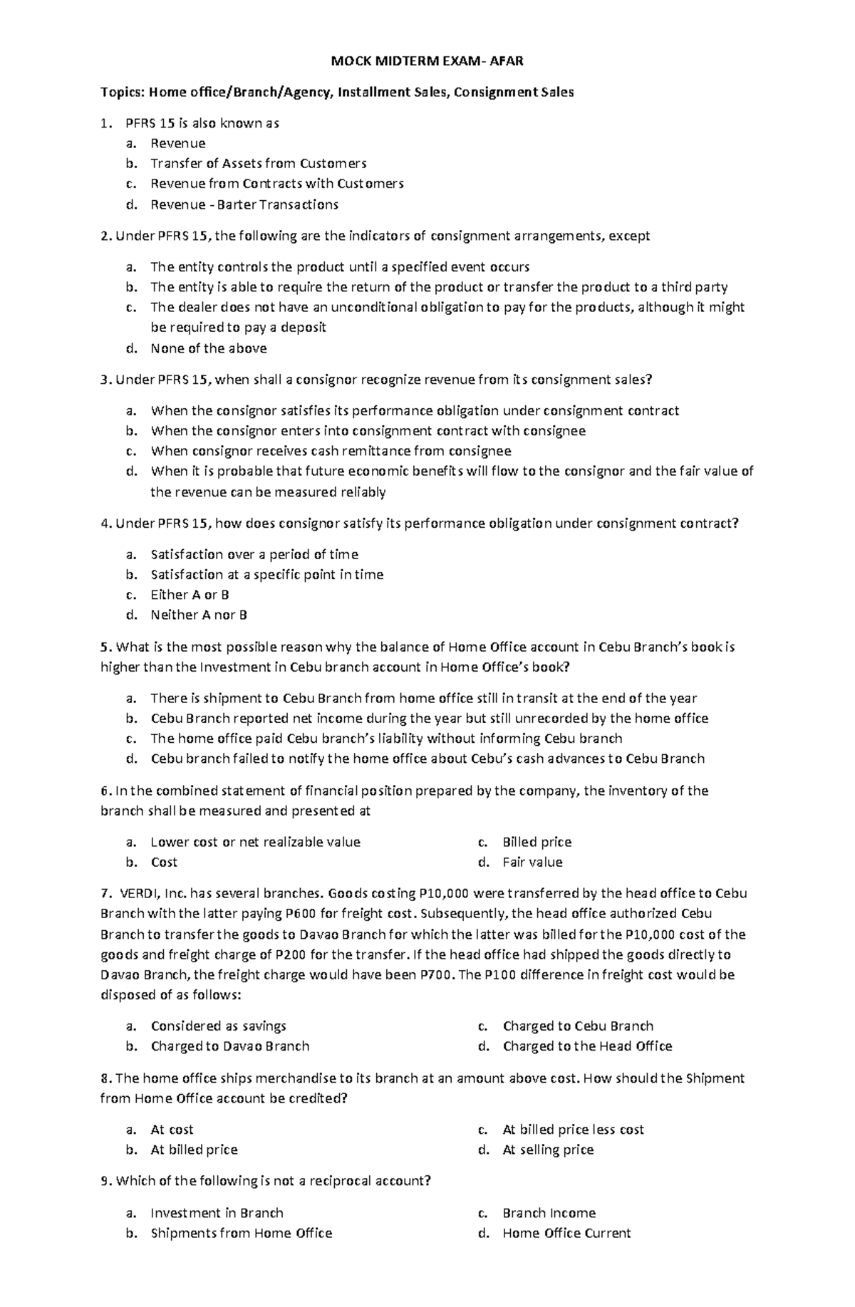 MOCK Midterm Exam AFAR: Key Topics and Answer Key - Studocu