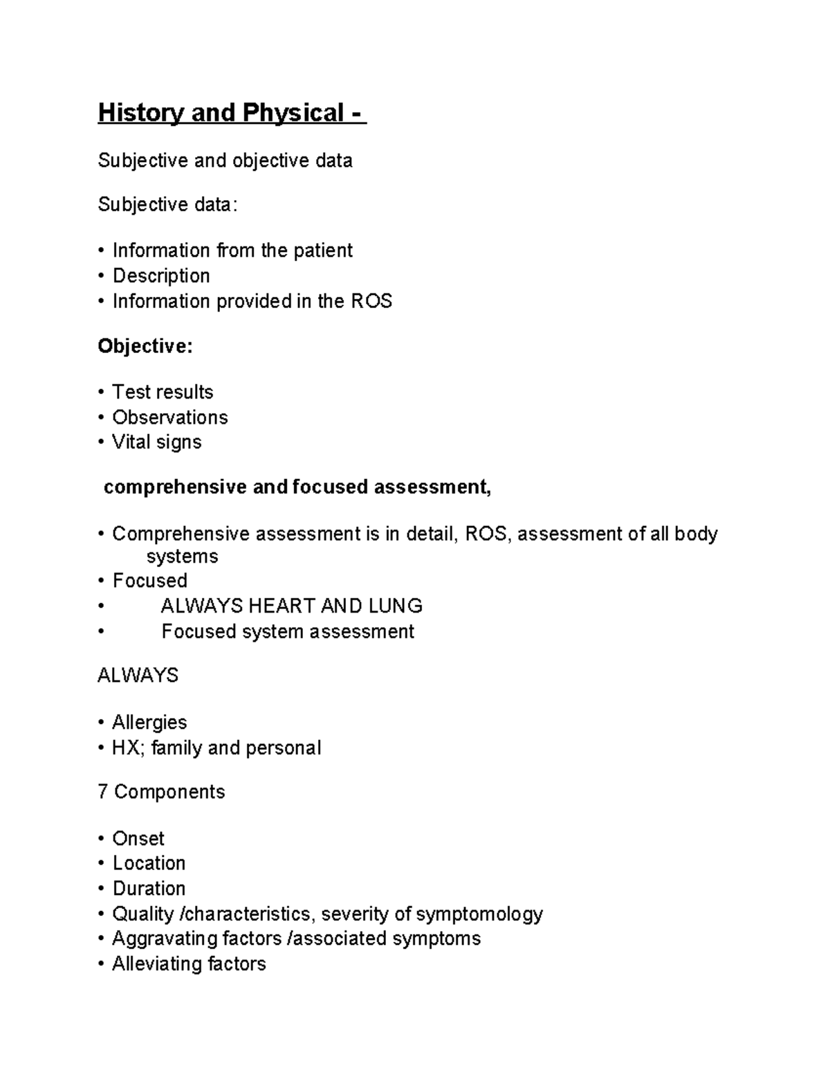 History and Physical Exam Notes: Subjective & Objective Data - Studocu