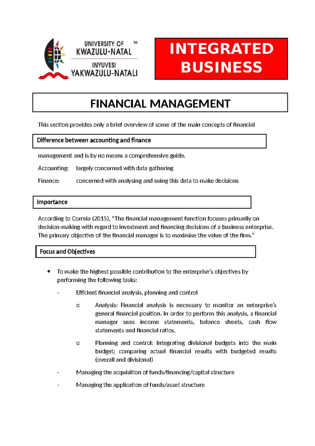 Financial Management Overview: Key Concepts and Objectives - Studocu