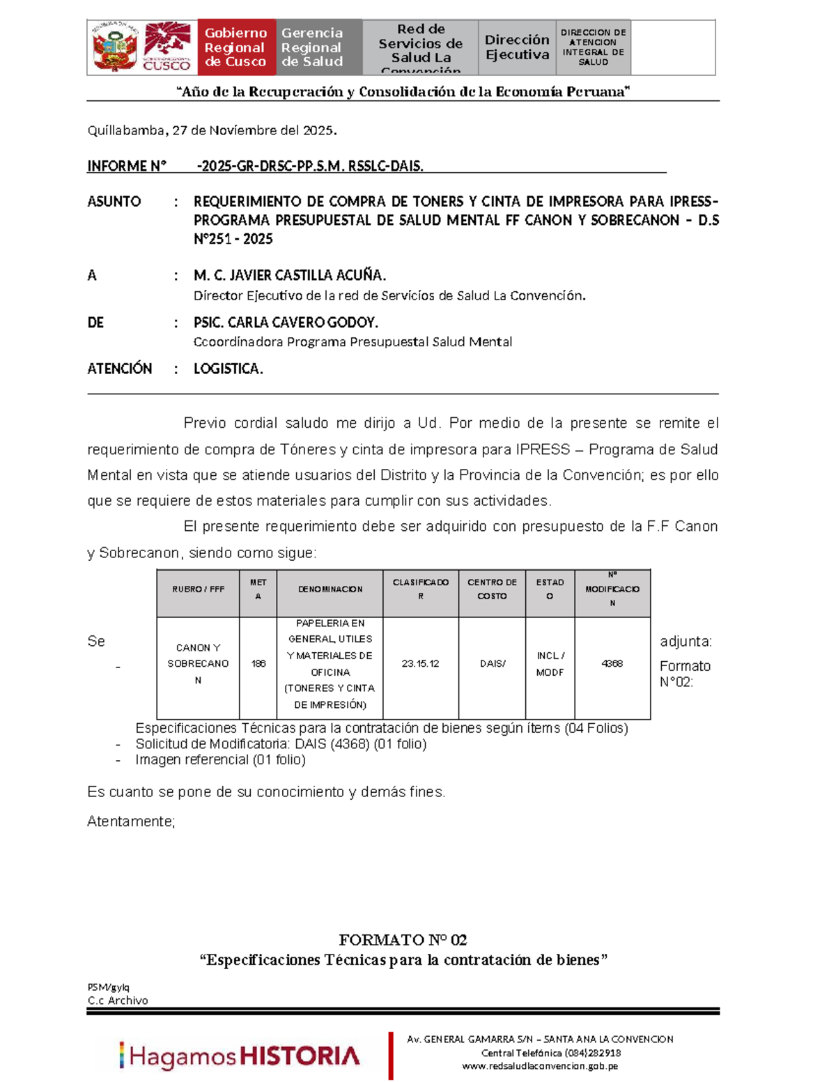 Informe de Requerimiento de Compra de Tóneres para IPRESS PPSM 0131 ...