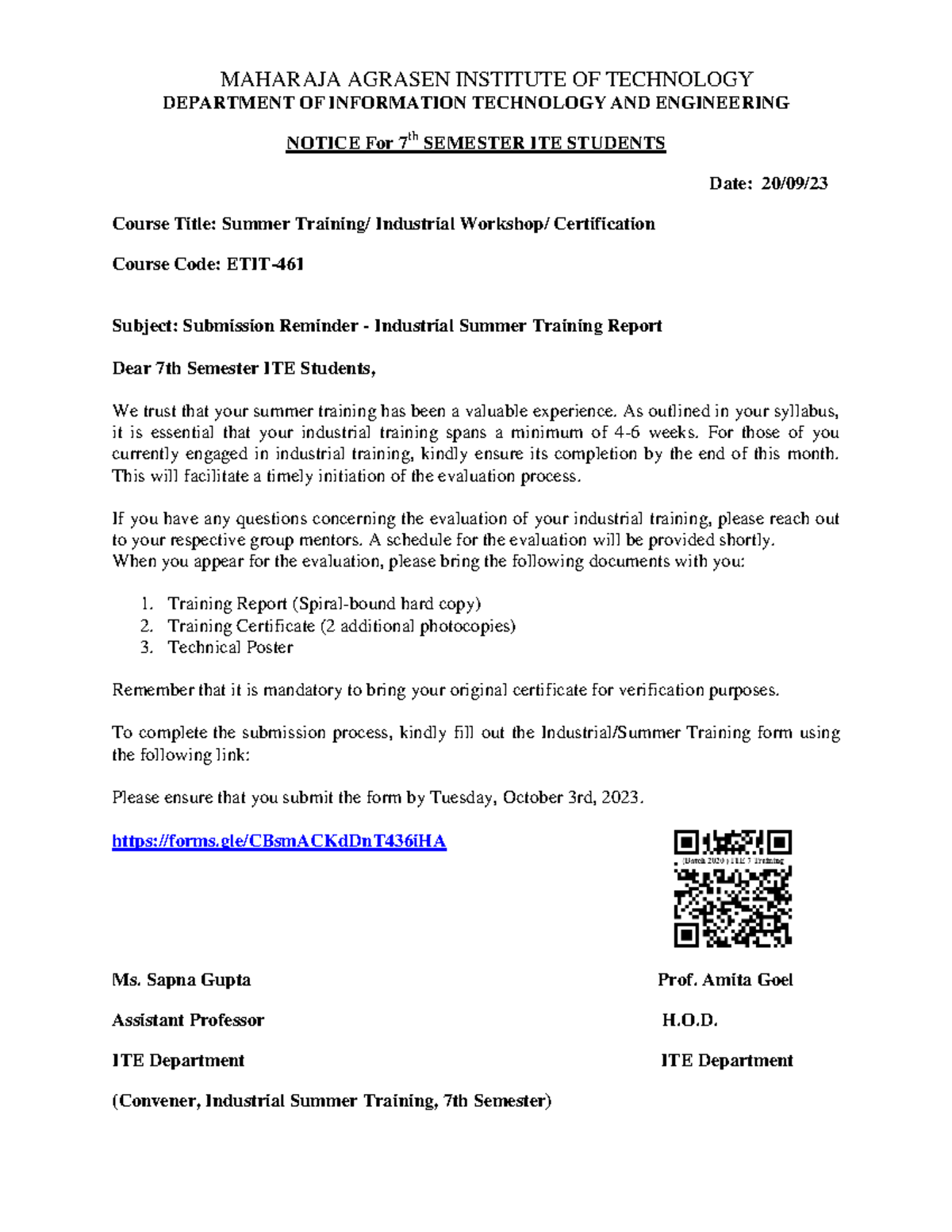 Notice: Submission Reminder for Industrial Training ETIT- 7th Sem - Studocu