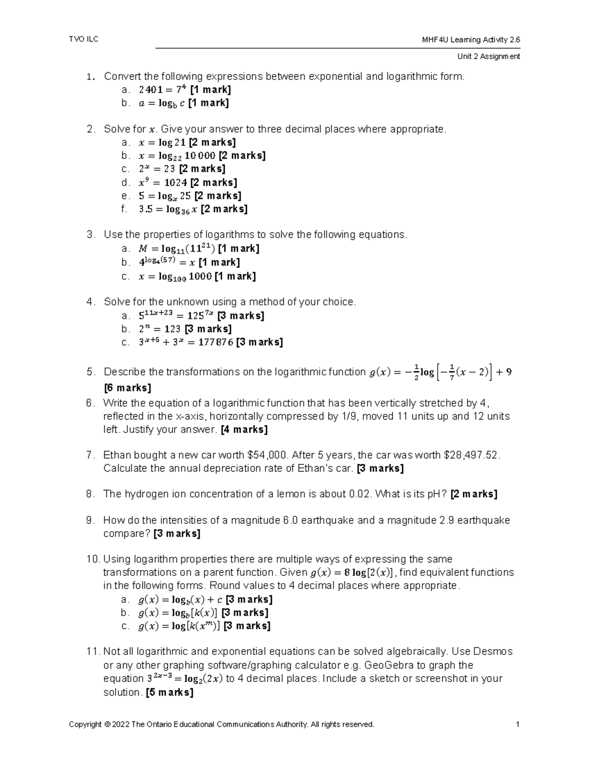 TVO ILC MHF4U Unit 2 Assignment 1: Exponential & Logarithmic Forms ...