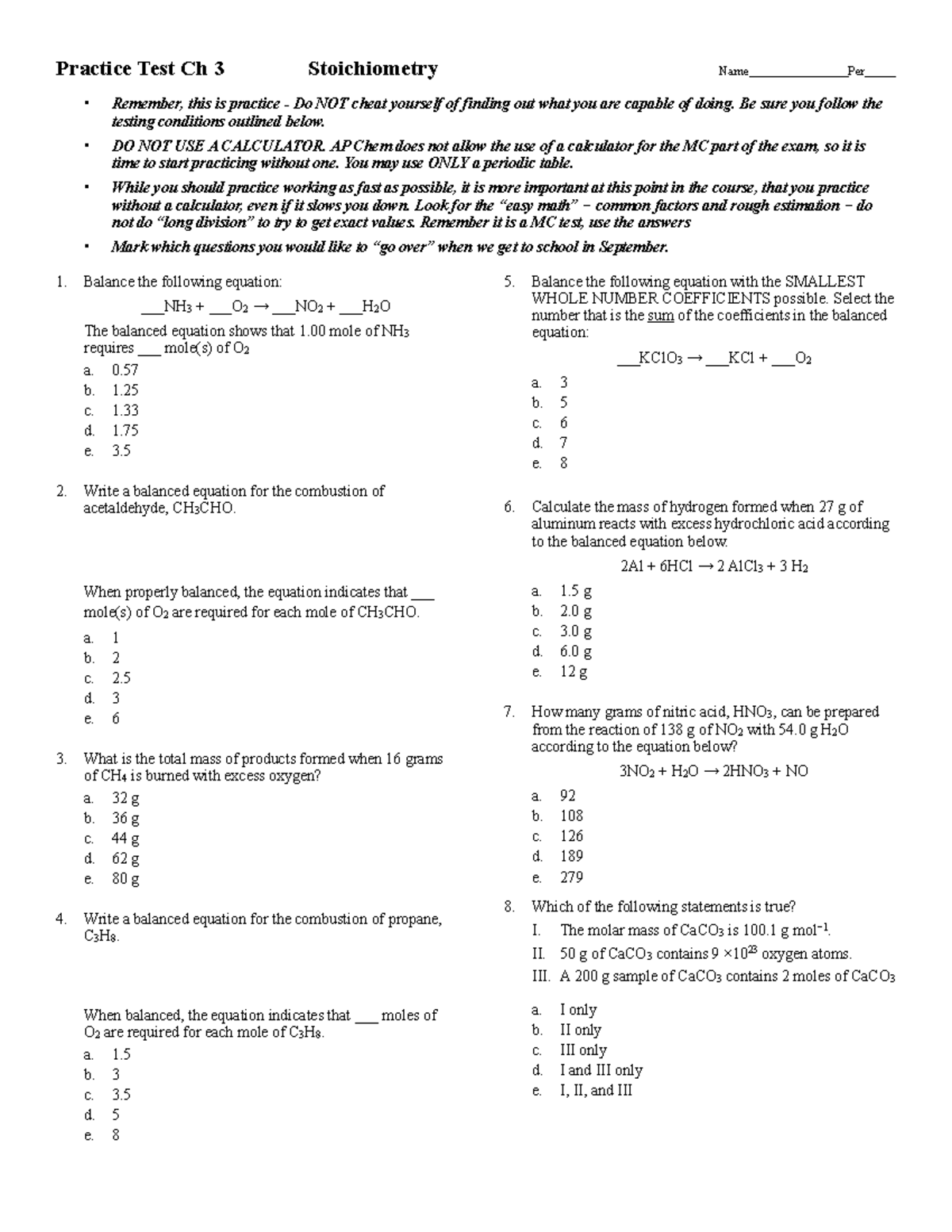 AP Chem Stoichiometry Quiz - Mole Conversions & Balancing Reactions ...