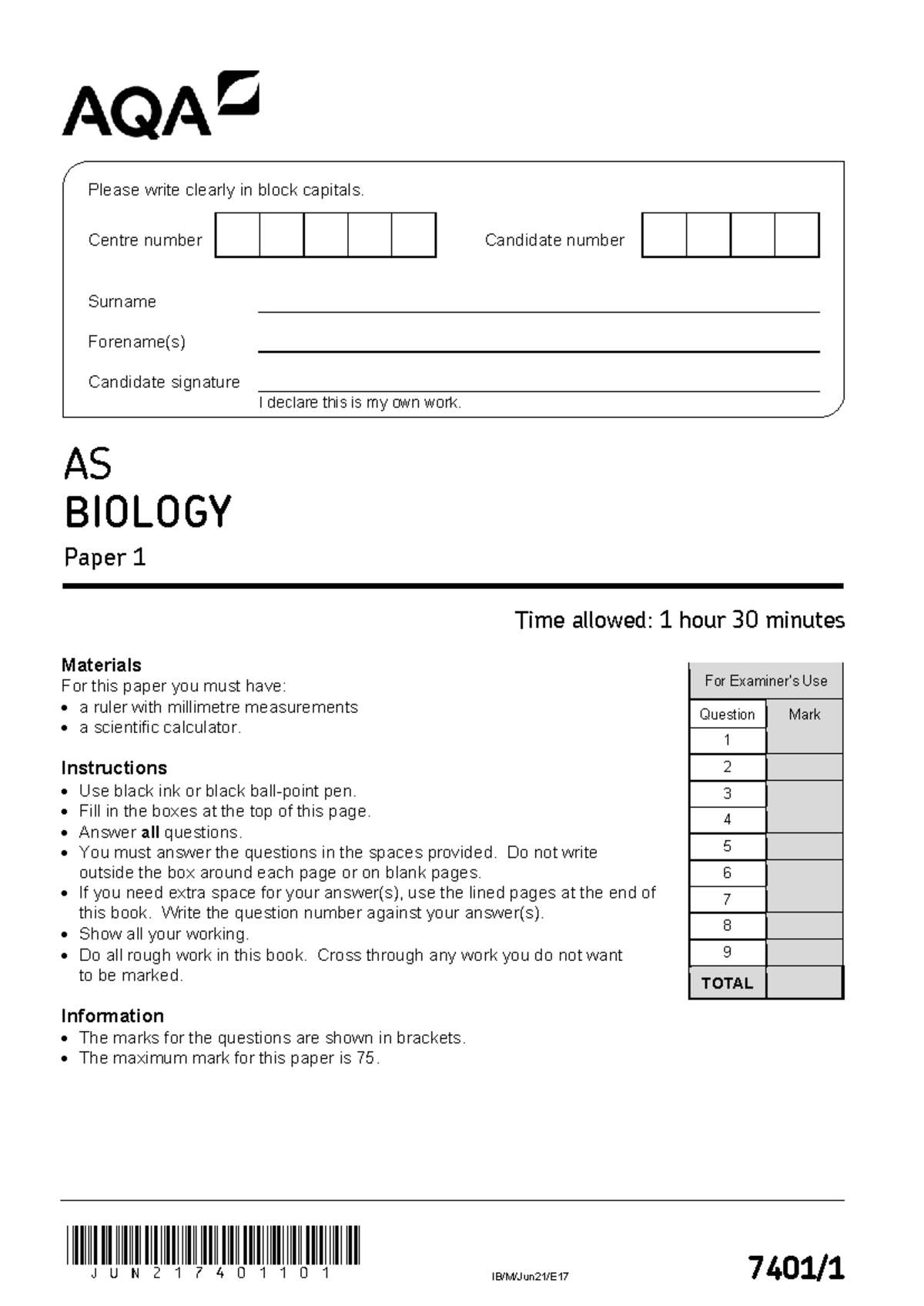 AQA 74011 AS Biology Paper 1 Past Exam Questions - Nov 2021 - Studocu