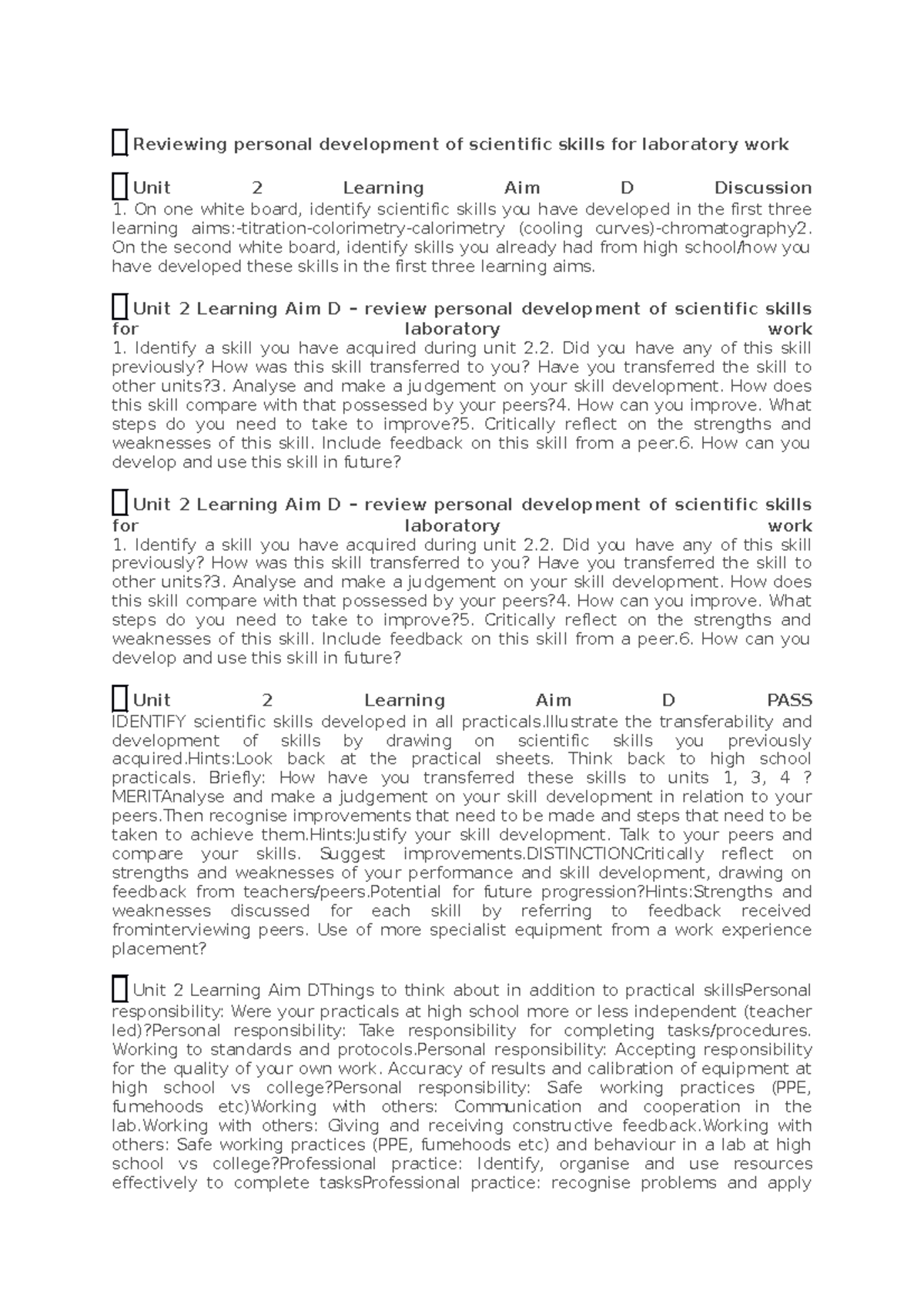 Unit 2 Learning Aim D: Personal Development of Scientific Skills - Studocu