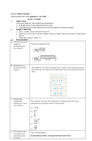 Lesson Plan - Limit of a Function - Subject: Basic Calculus Teaching ...