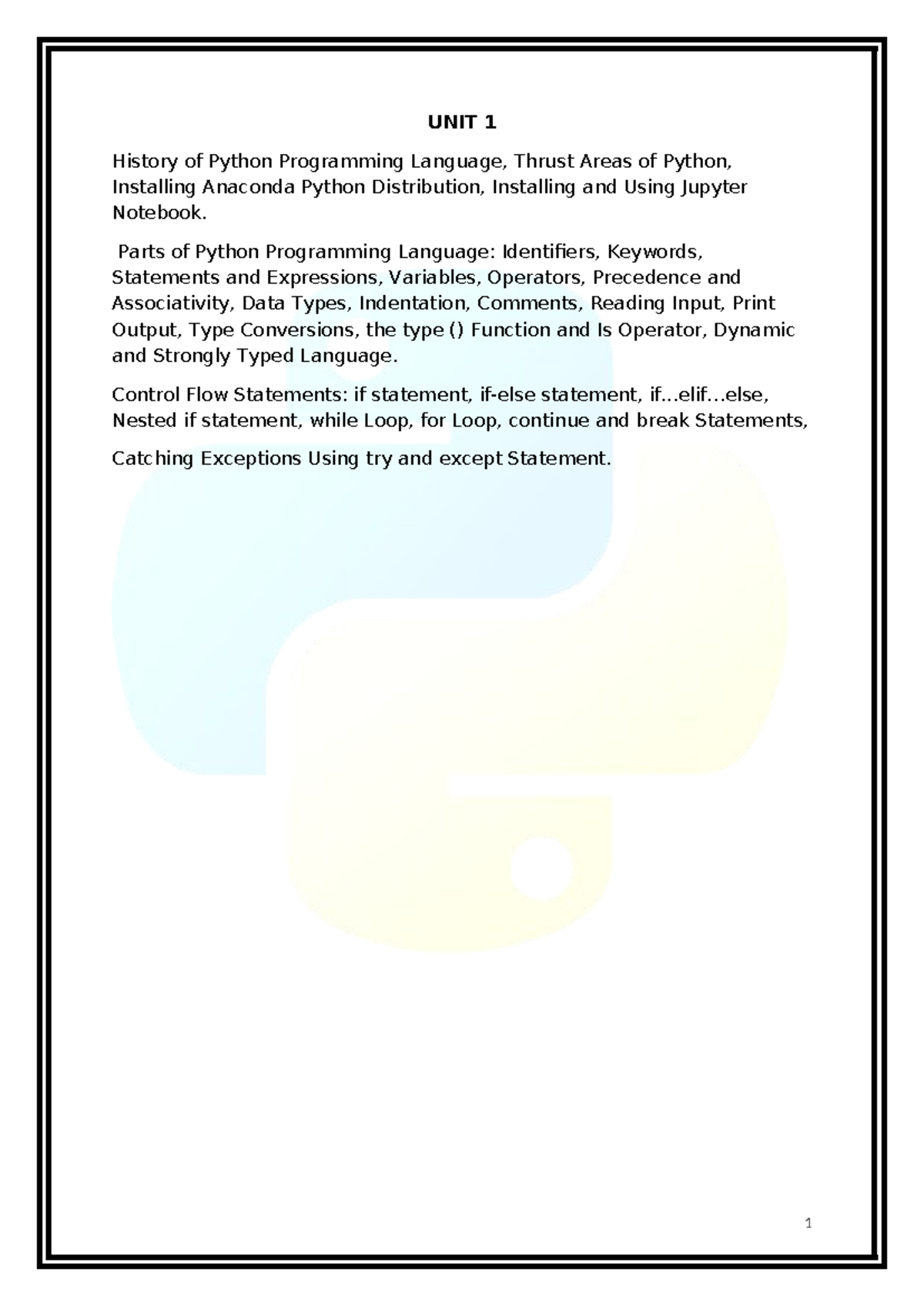 UNIT 1 - History of Python Programming, Key Areas, and Anaconda Setup - Studocu
