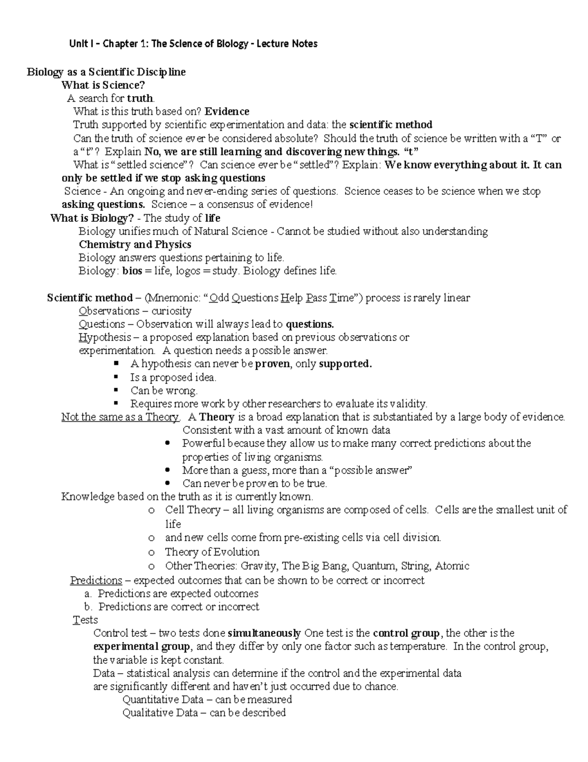 Biology 101: Unit 1 Exam Review - Chapter 1 Lecture Notes - Studocu