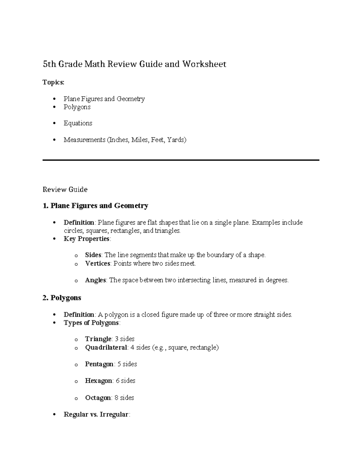 5th Grade Math IV Review: Plane Figures, Polygons & Measurements - Studocu