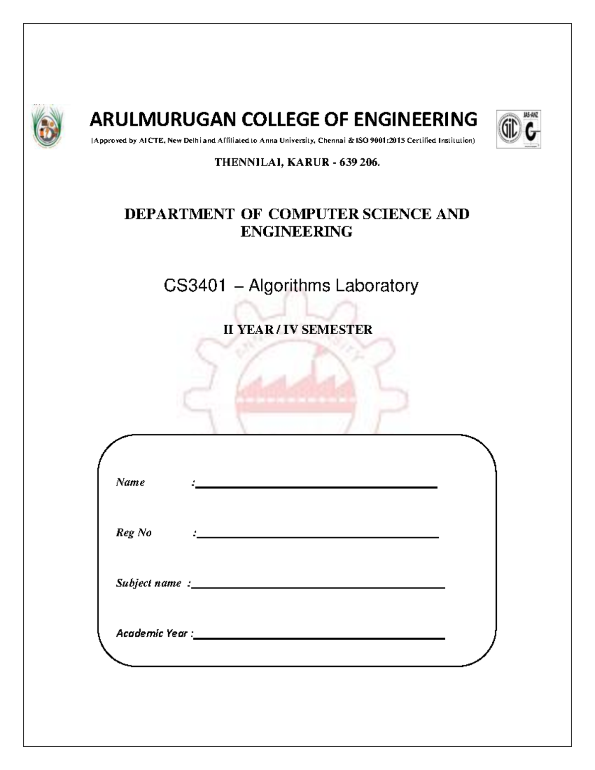 CS3401 Algorithms Laboratory Practical Record - Linear & Binary Search - Studocu