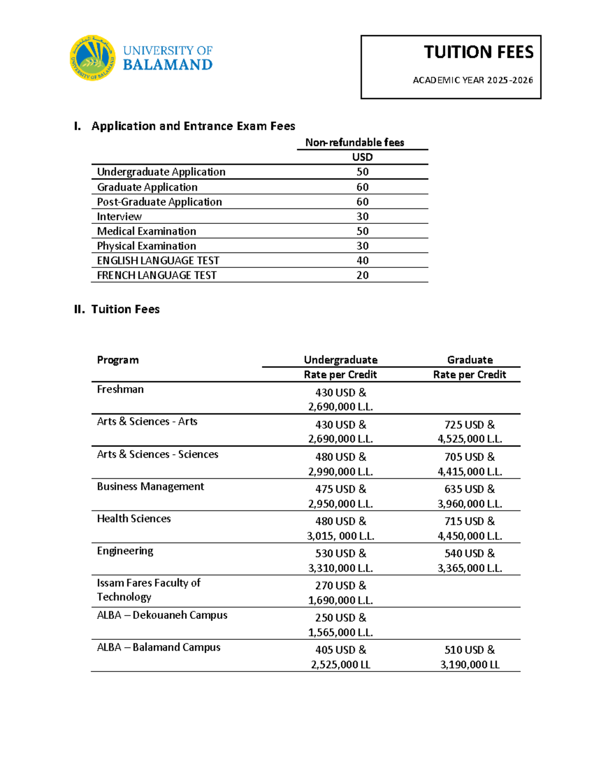 Tuition Fees Overview for Academic Year - UOB - Studocu