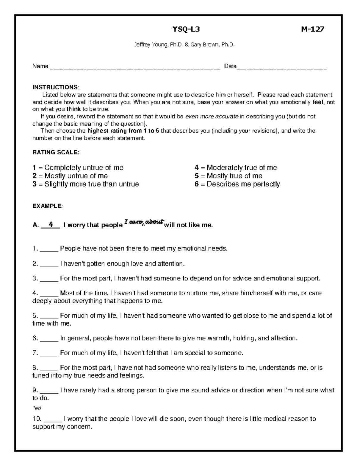 Young Schema Questionnaire L3: Self-Assessment Tool - Studocu