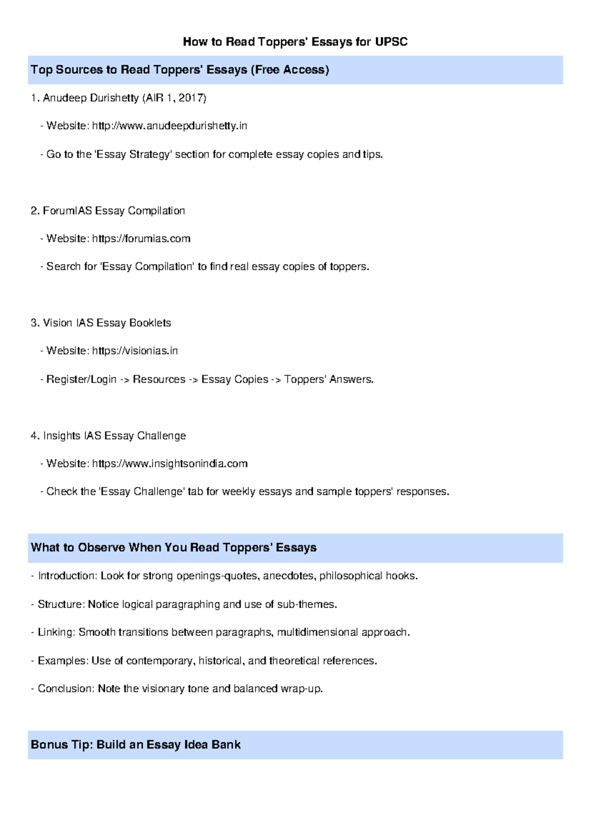Toppers Essay Guide for UPSC: Key Sources and Reading Tips - Studocu