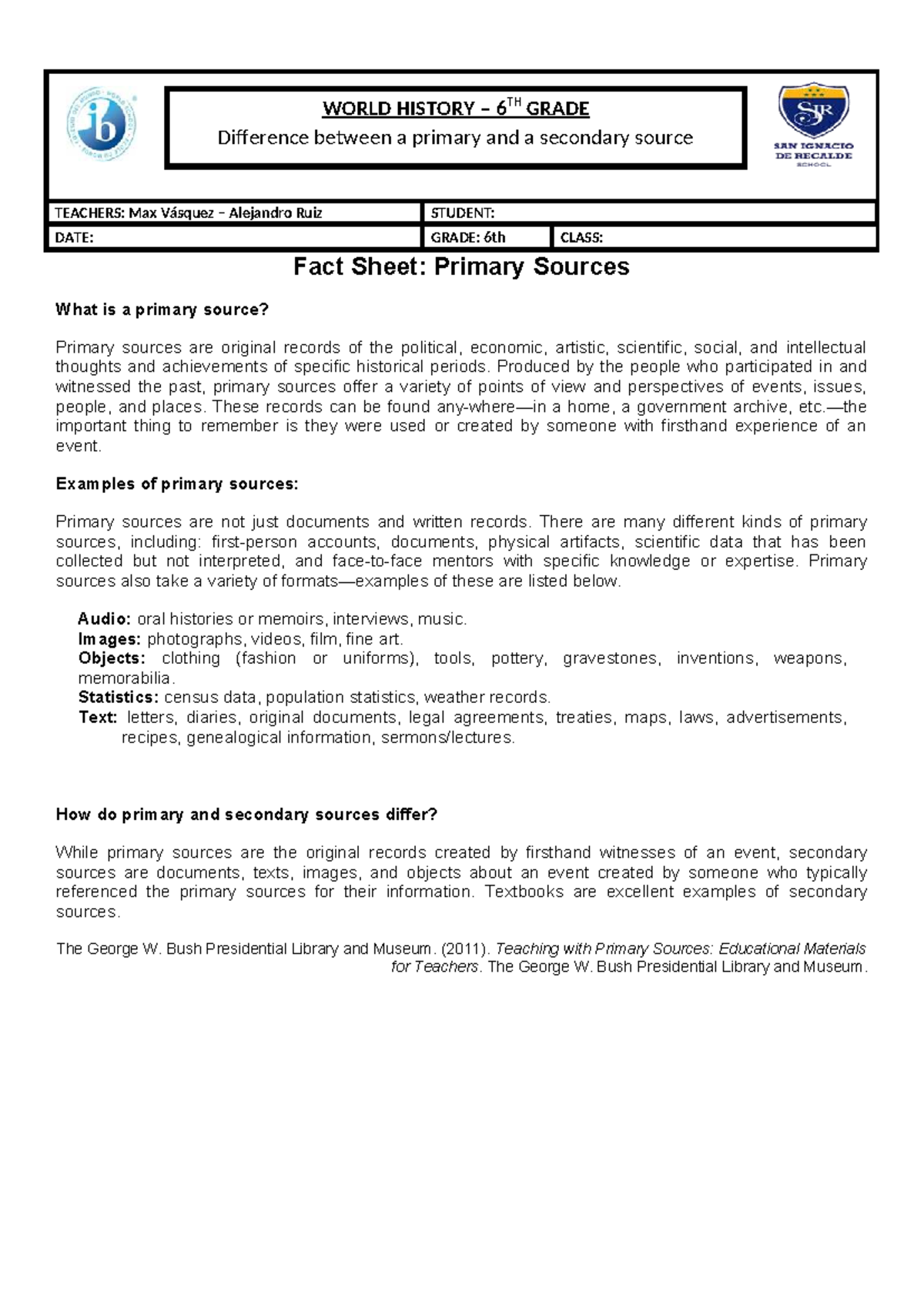 WORLD HISTORY 6TH GRADE Fact Sheet: Primary vs. Secondary Sources - Studocu
