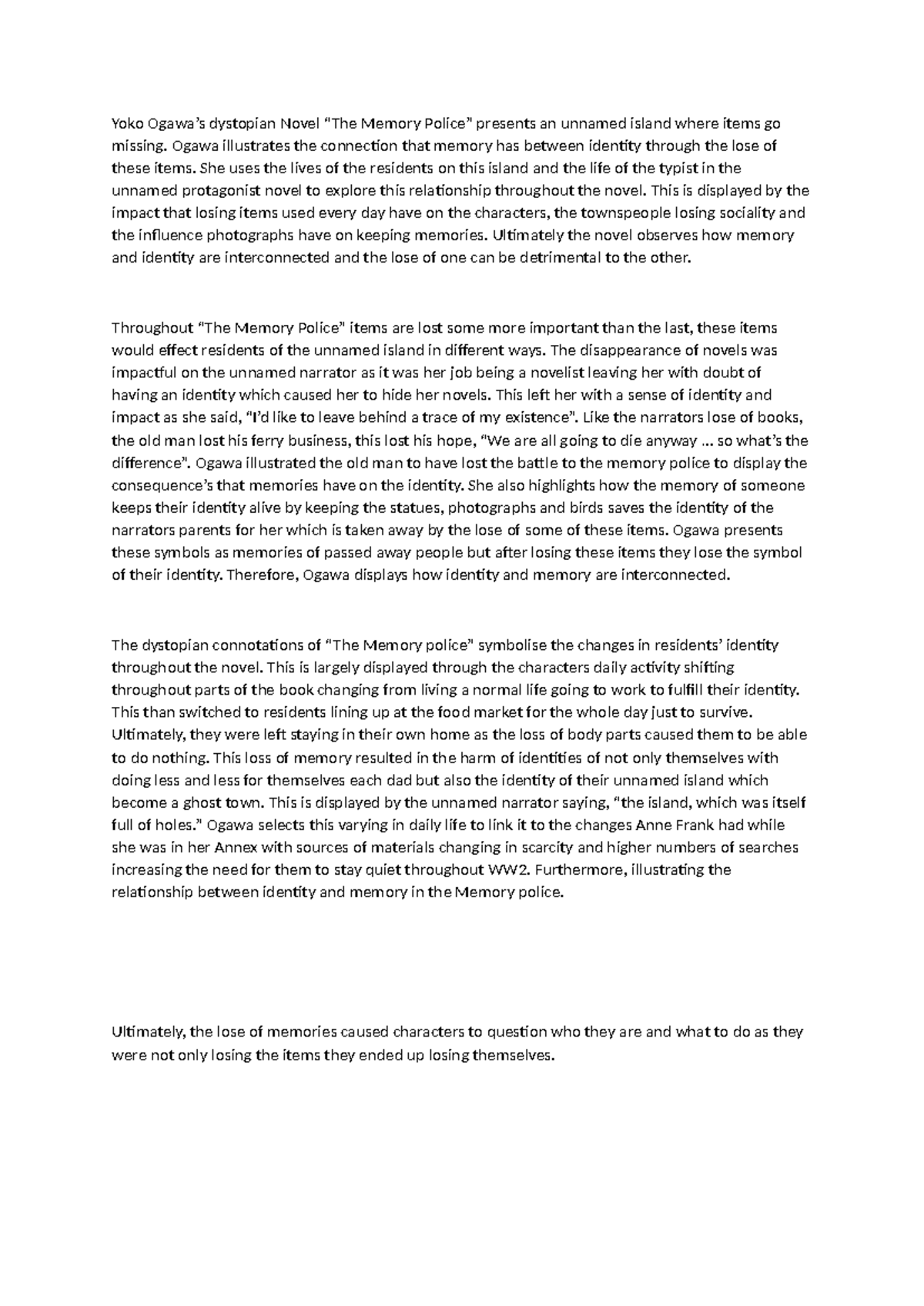 ENG 304: Practice Essay on Memory and Identity in "The Memory Police ...