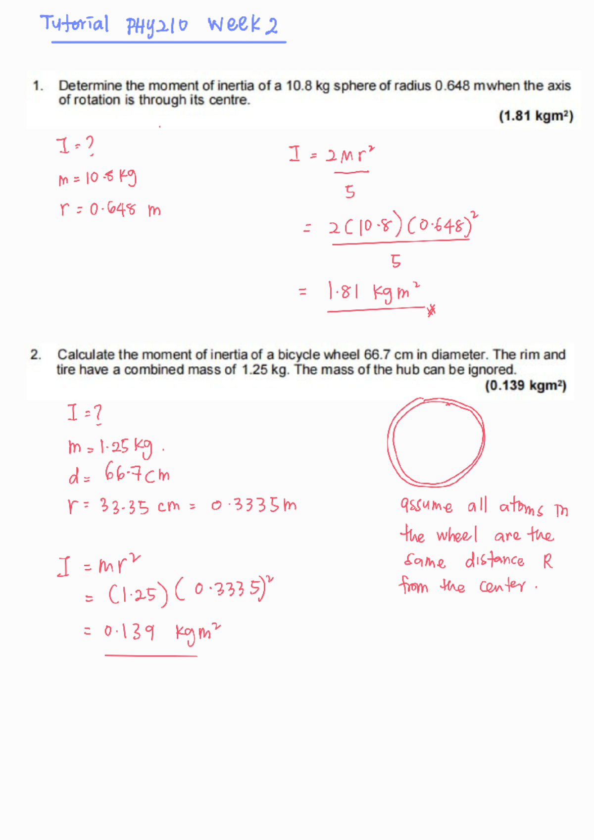 Solution WEEK 2 Tutorial PHY210 Chapt 1 - Tutorial PHY210 week2 1 ...