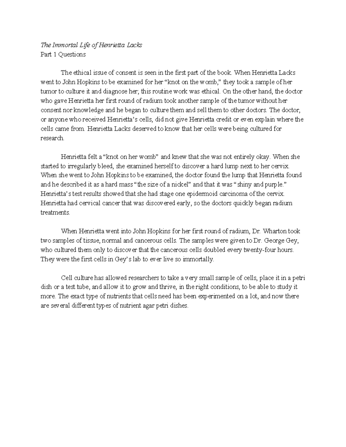 The Immortal Life of Henrietta Lacks Study Guide Questions - Part 1 ...