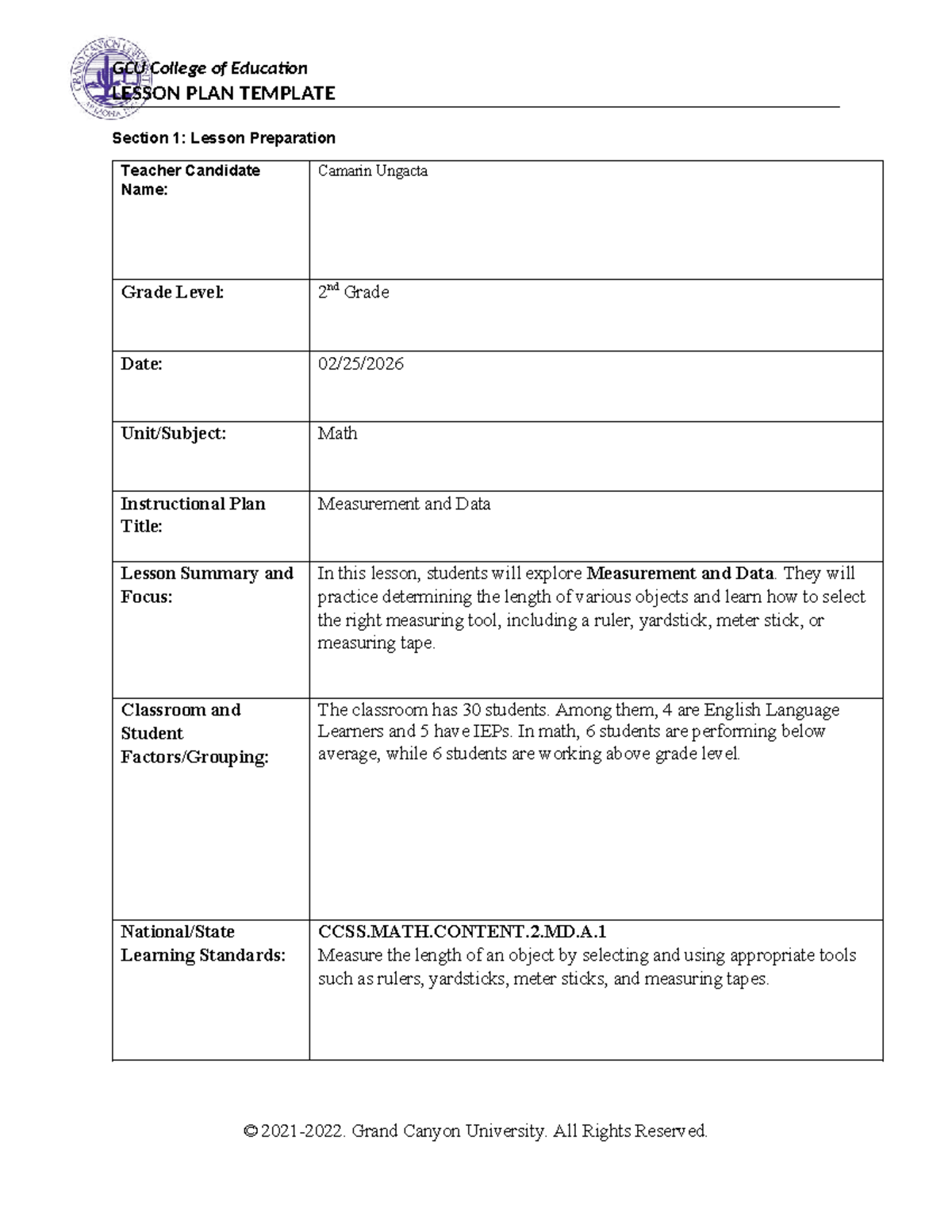 GCU ELM470 LESSON PLAN: Measurement & Data for 2nd Grade - Studocu