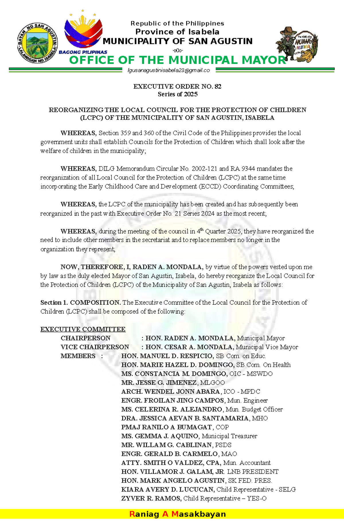 Executive Order No. 82: Reorganizing the LCPC of San Agustin, Isabela ...