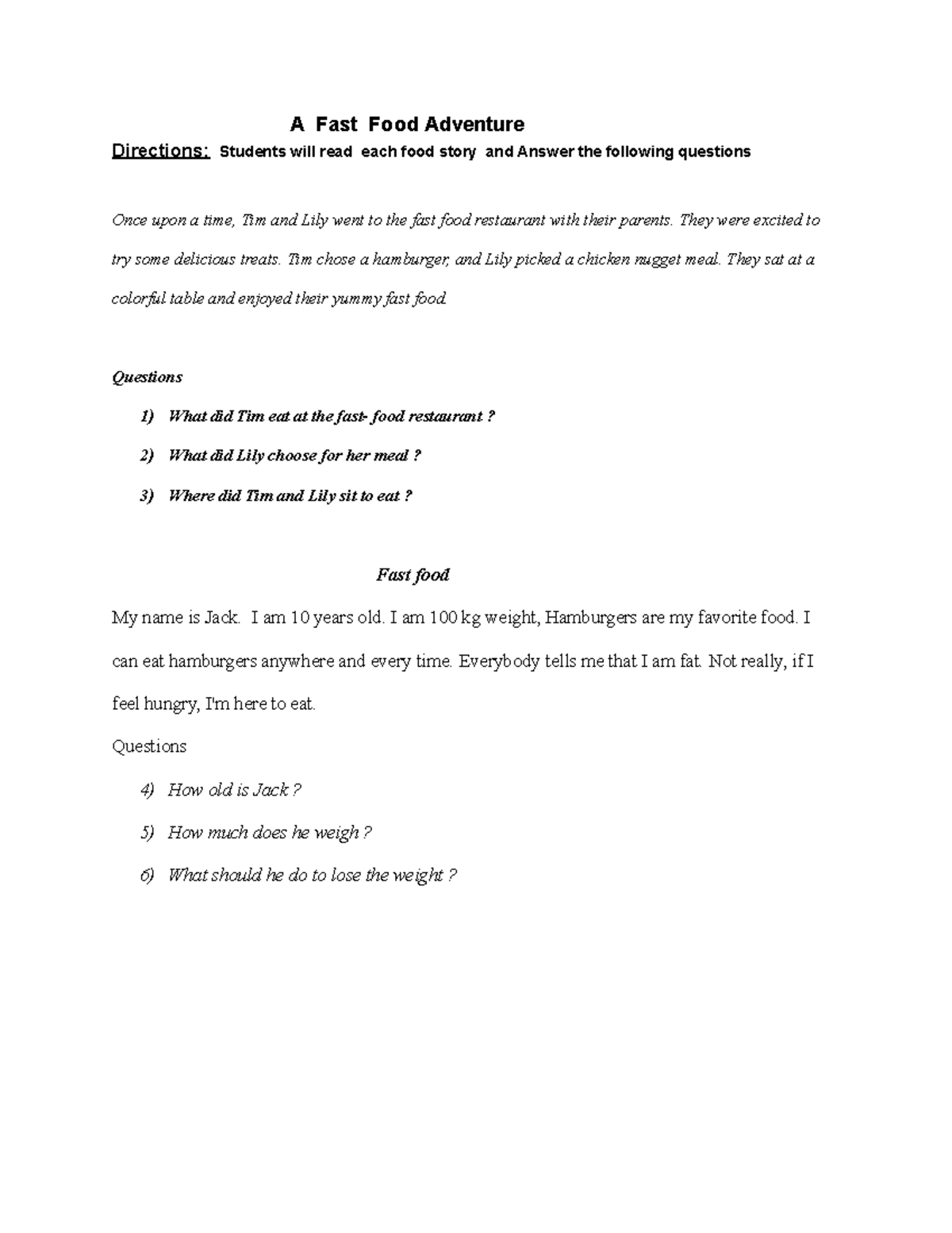 Fast Food Adventure: Questions and Stories for Kids - Studocu