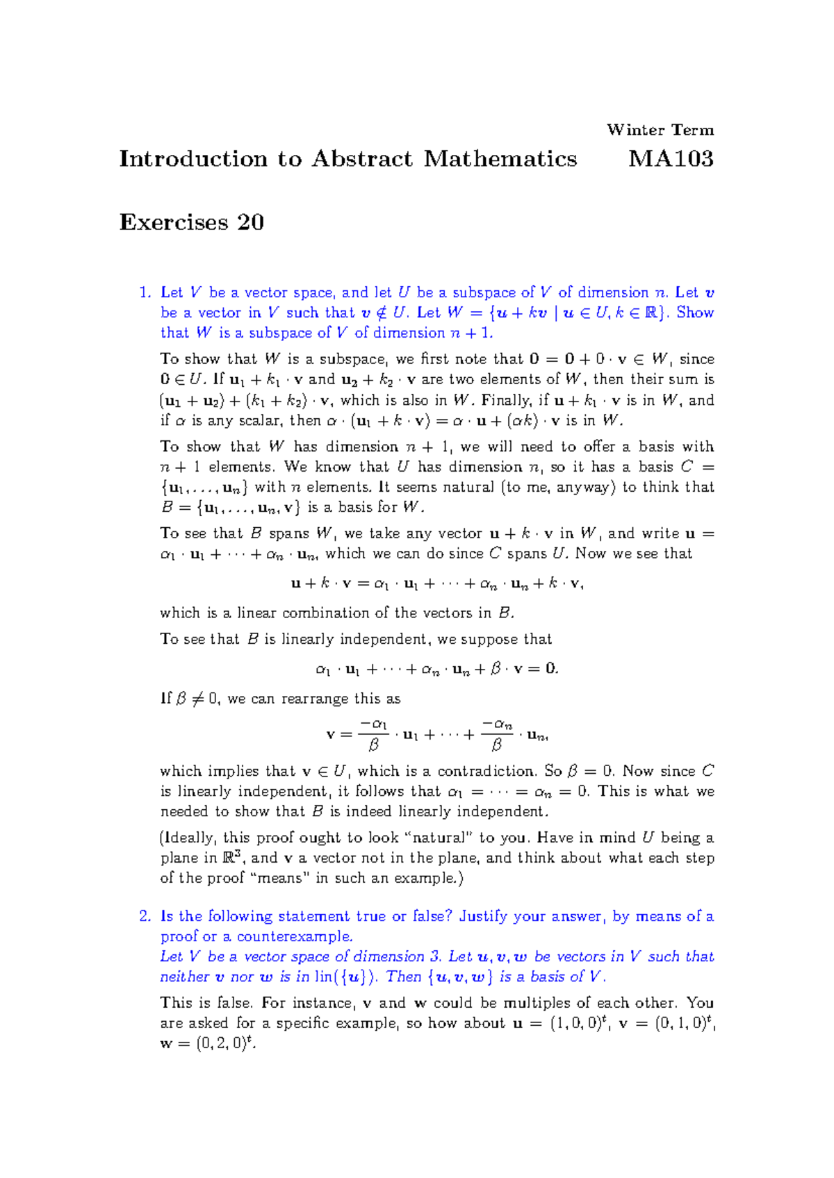 MA103 Winter Term Solutions to Exercises 20-24 in Abstract Mathematics - Studocu