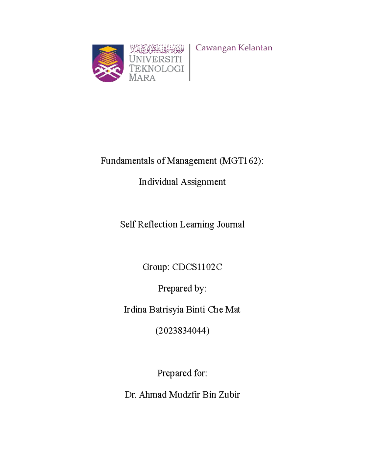 MGT162: Individual Assignment Reflection on Learning & Management ...