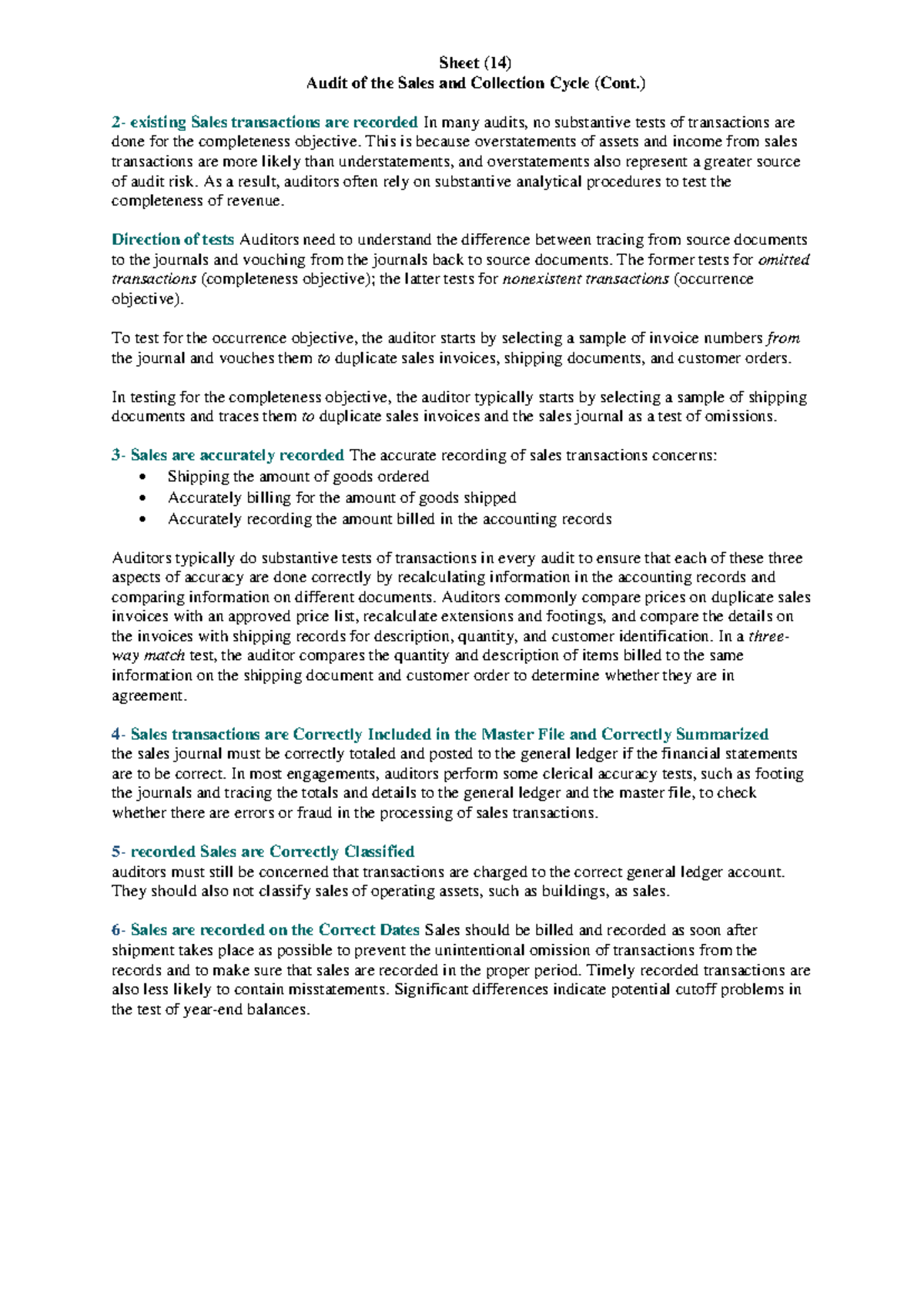 Sheet 14: Audit of Sales & Collection Cycle - Completeness & Accuracy ...