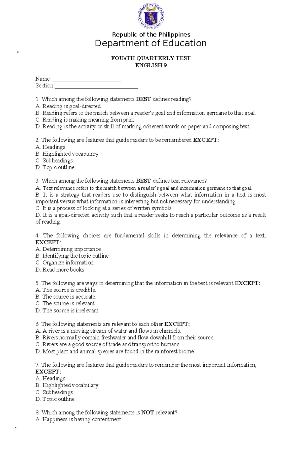 ENG 9 Q4 TEST 1 - Understanding Reading and Text Relevance - Studocu