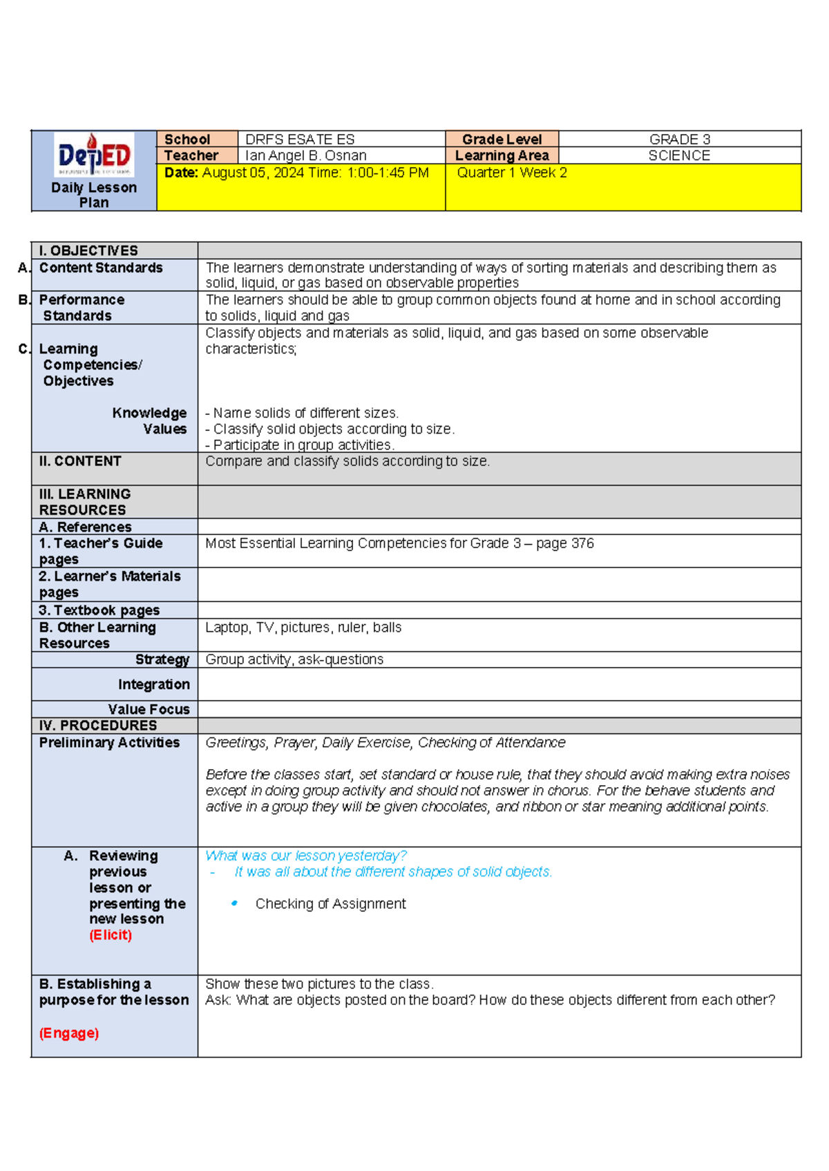 Grade 3 Science DLP: Sorting Solids, Liquids, and Gases - Q1 W2 - Studocu