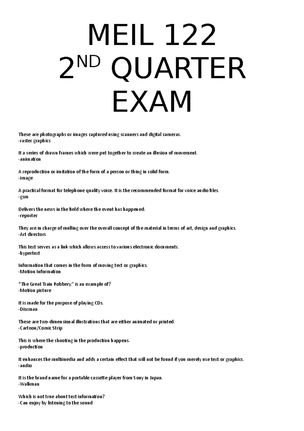 MEIL 122 2ND Quarter Exam Review: Multimedia Concepts and Terms - Studocu