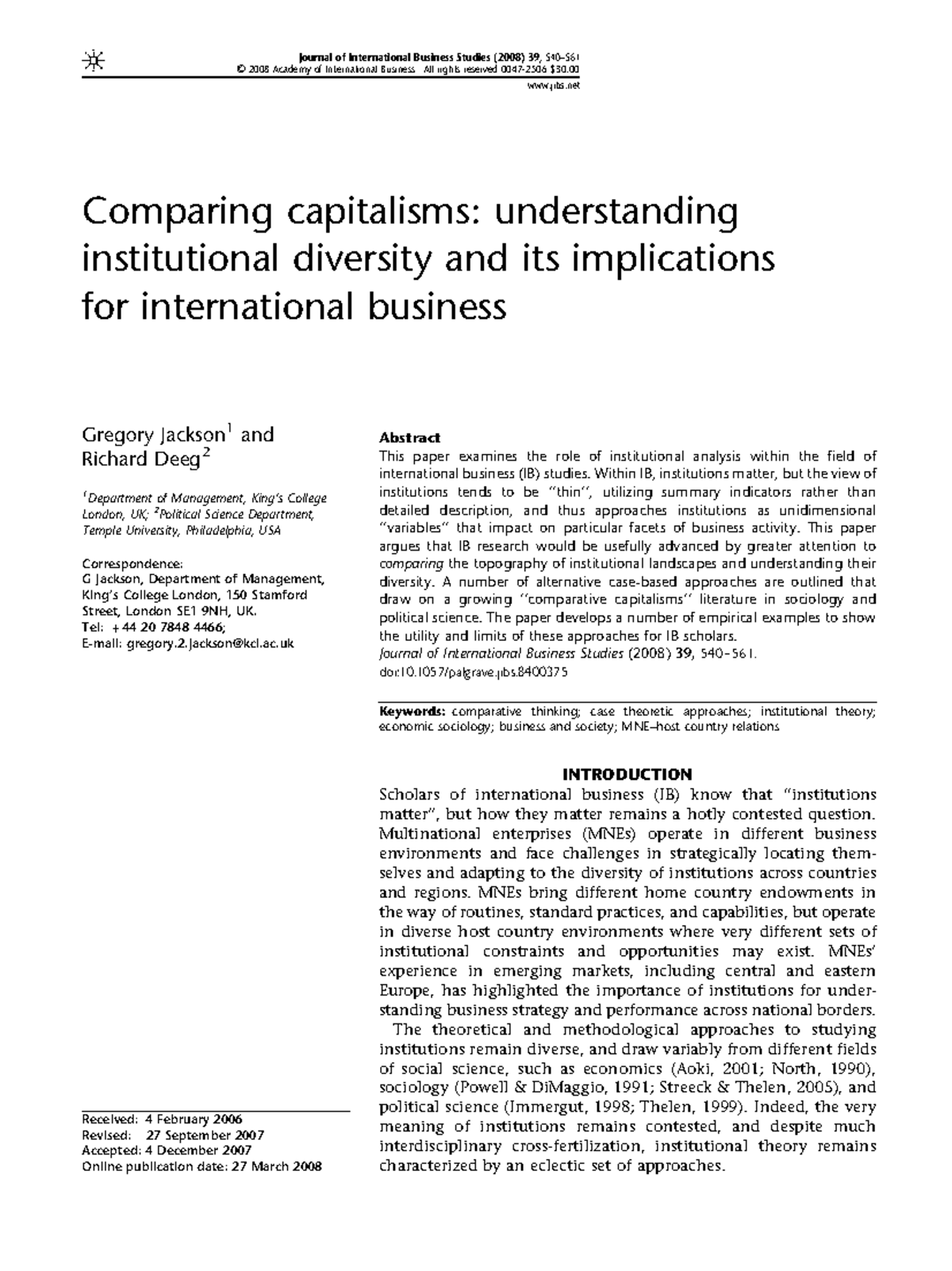 Comparing Capitalisms: Institutional Diversity in International ...