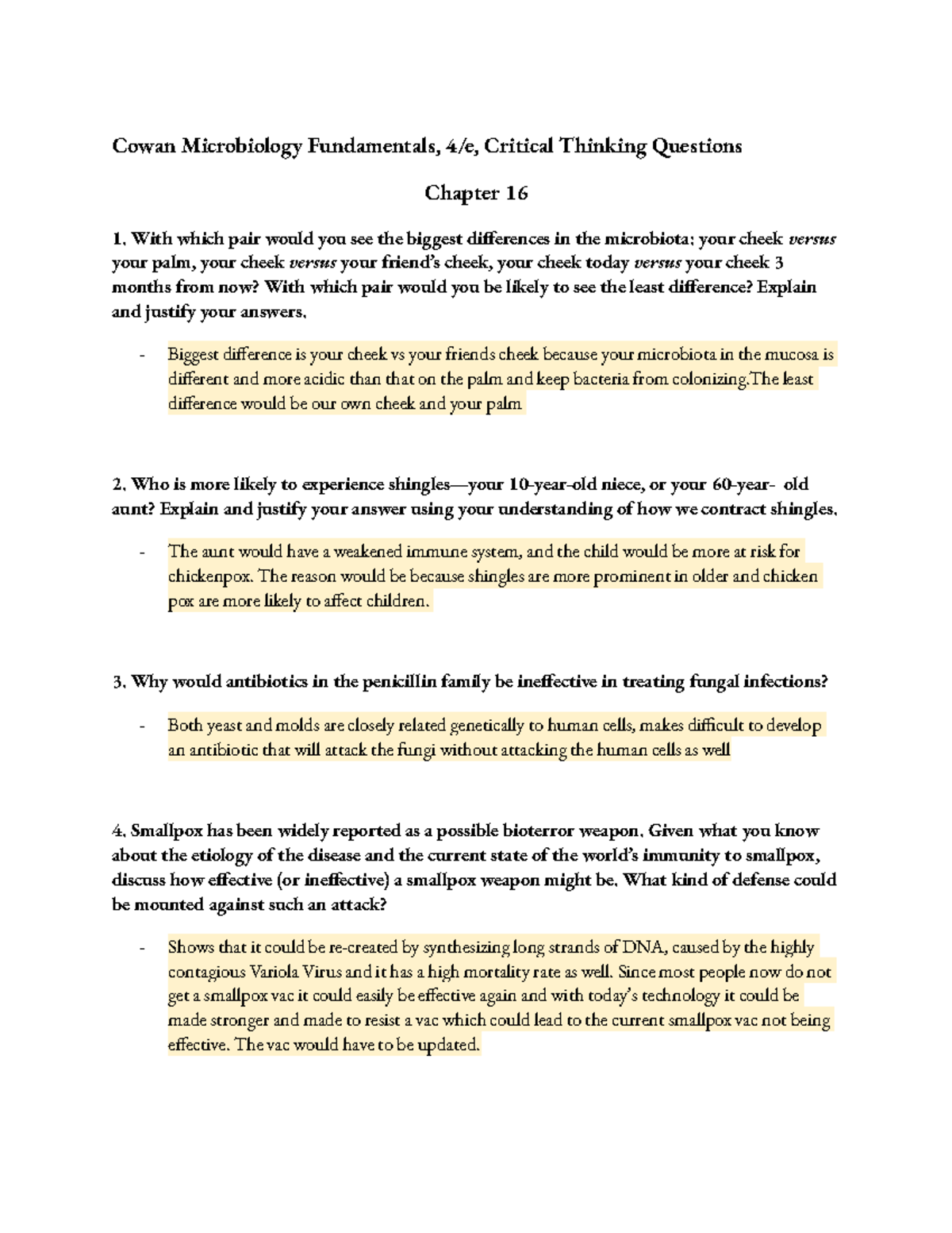 Critical Thinking Questions for Microbiology (Chapter 16) - Studocu