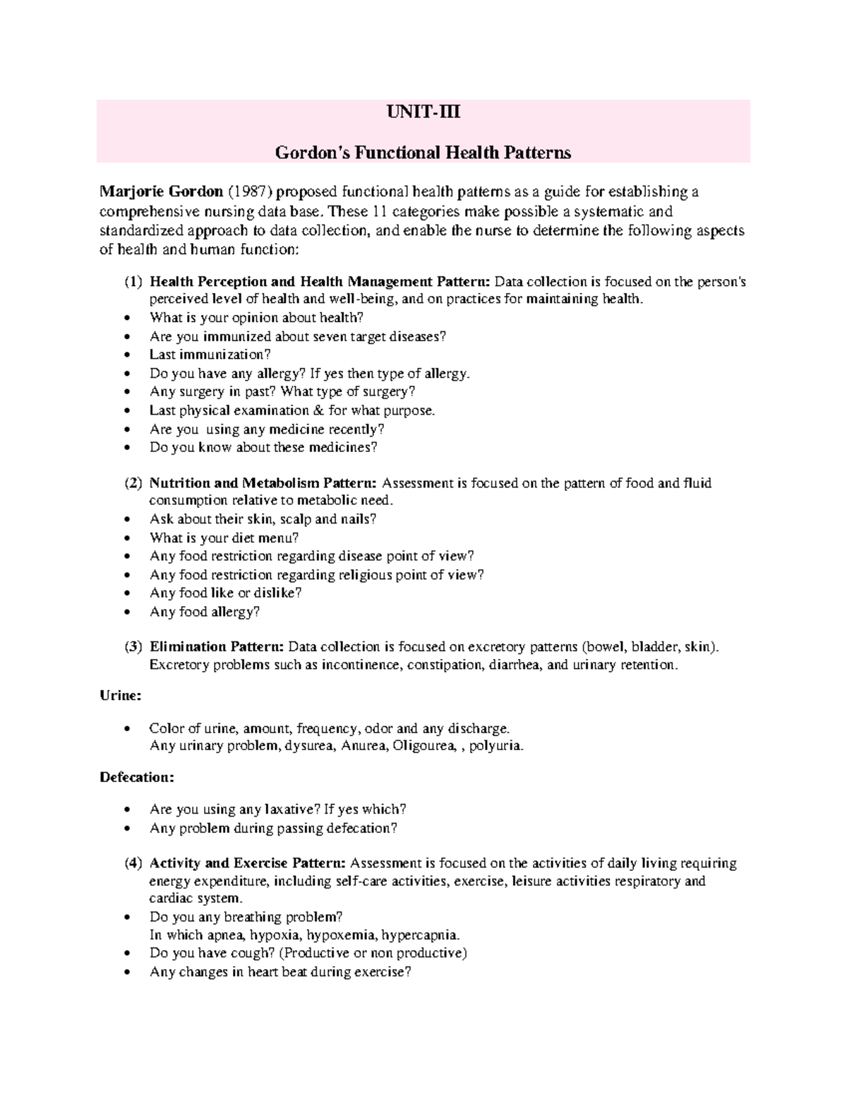 Gordon's Functional Health Patterns: Questionnaires for Nursing ...