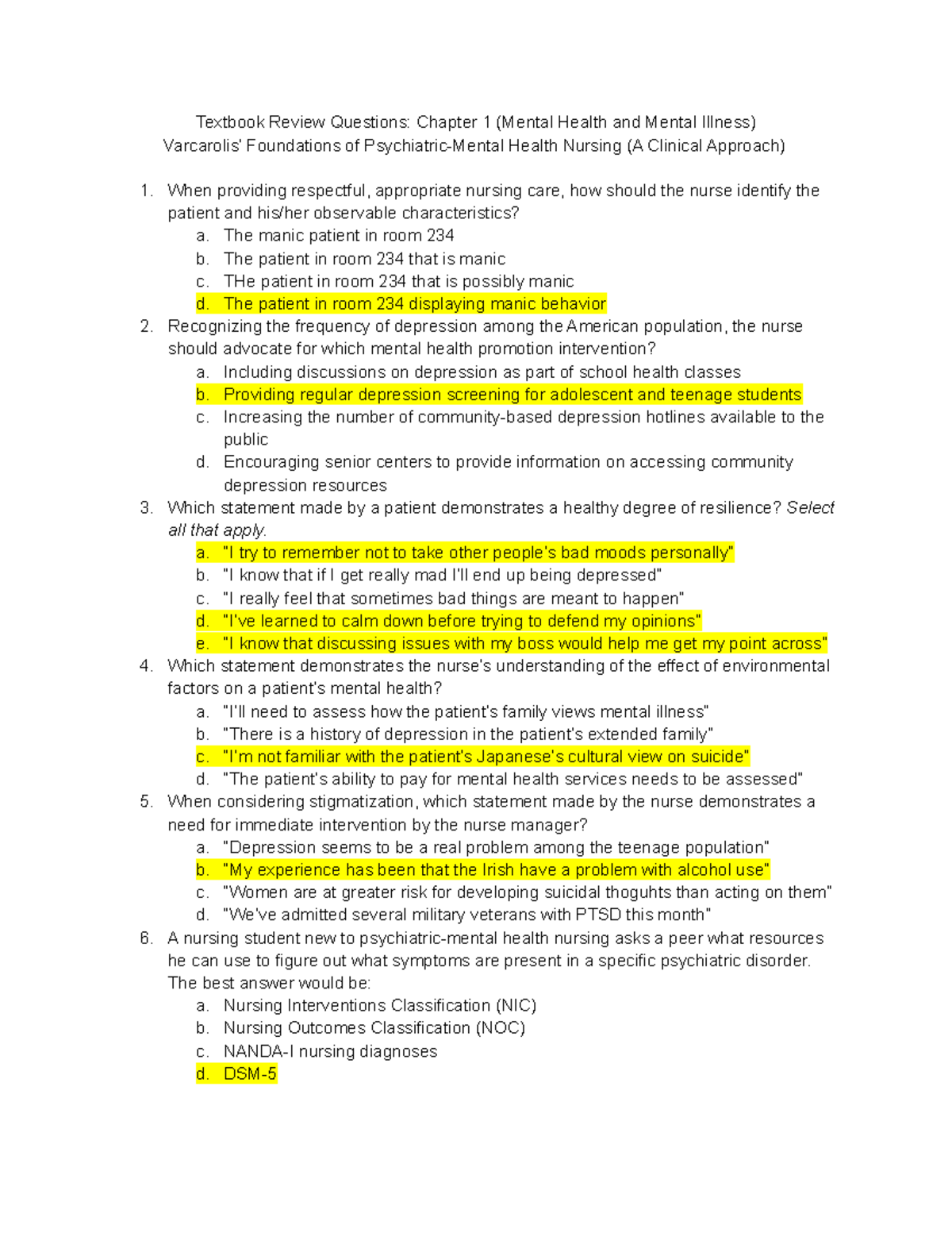Chapter 1 Review Questions - Mental Health & Illness (Varcarolis) - Studocu