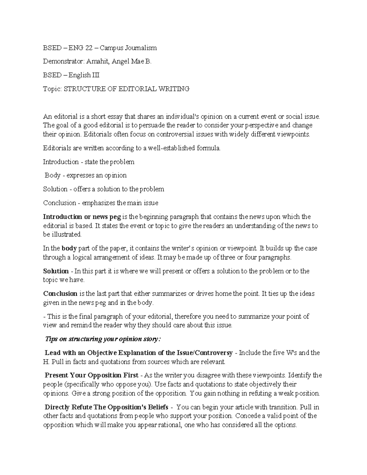 BSED ENG 22 - Structure of Editorial Writing Guide - Studocu