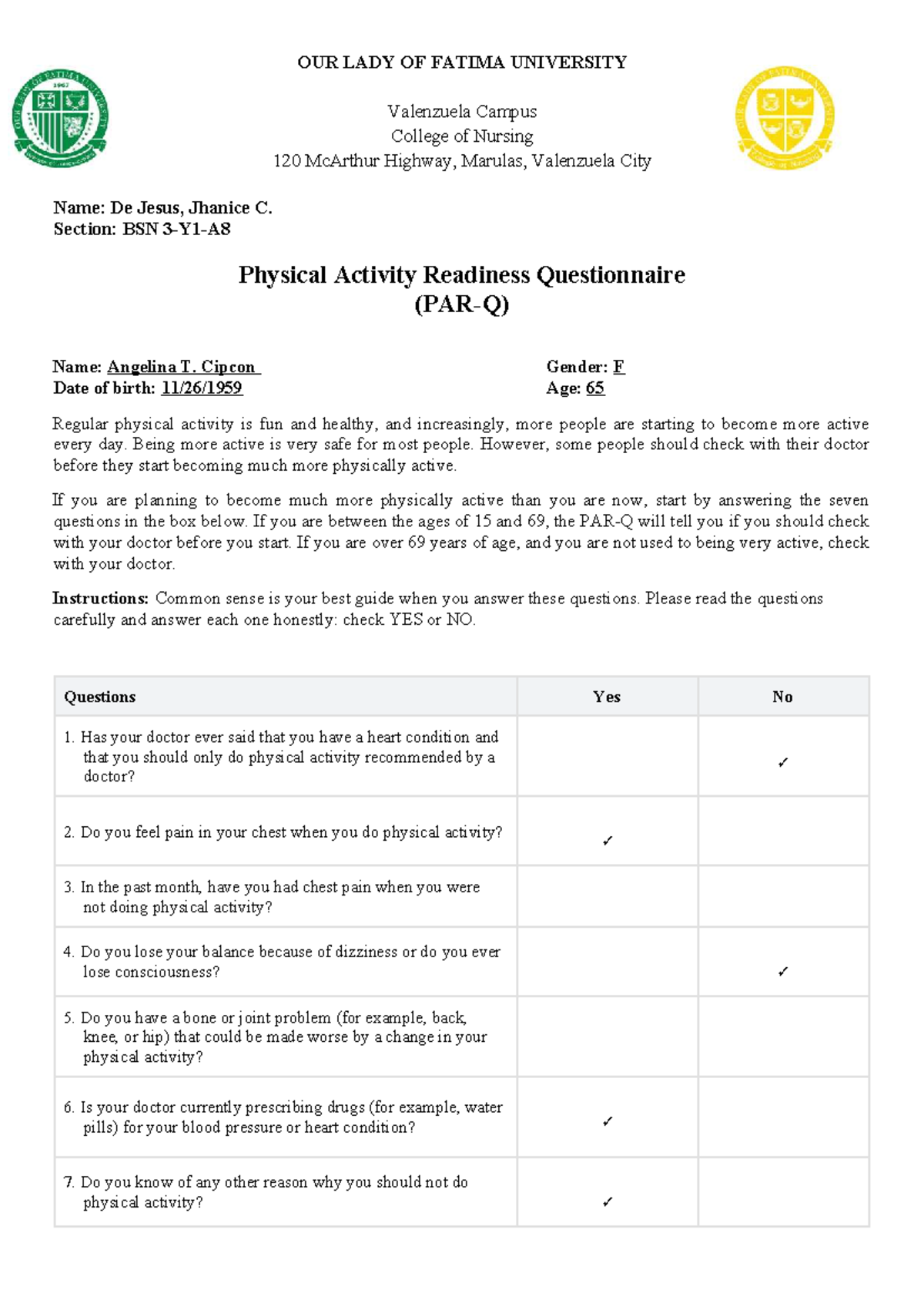 NCMB314 - Physical Activity Readiness & Care Plan for Seniors - Studocu