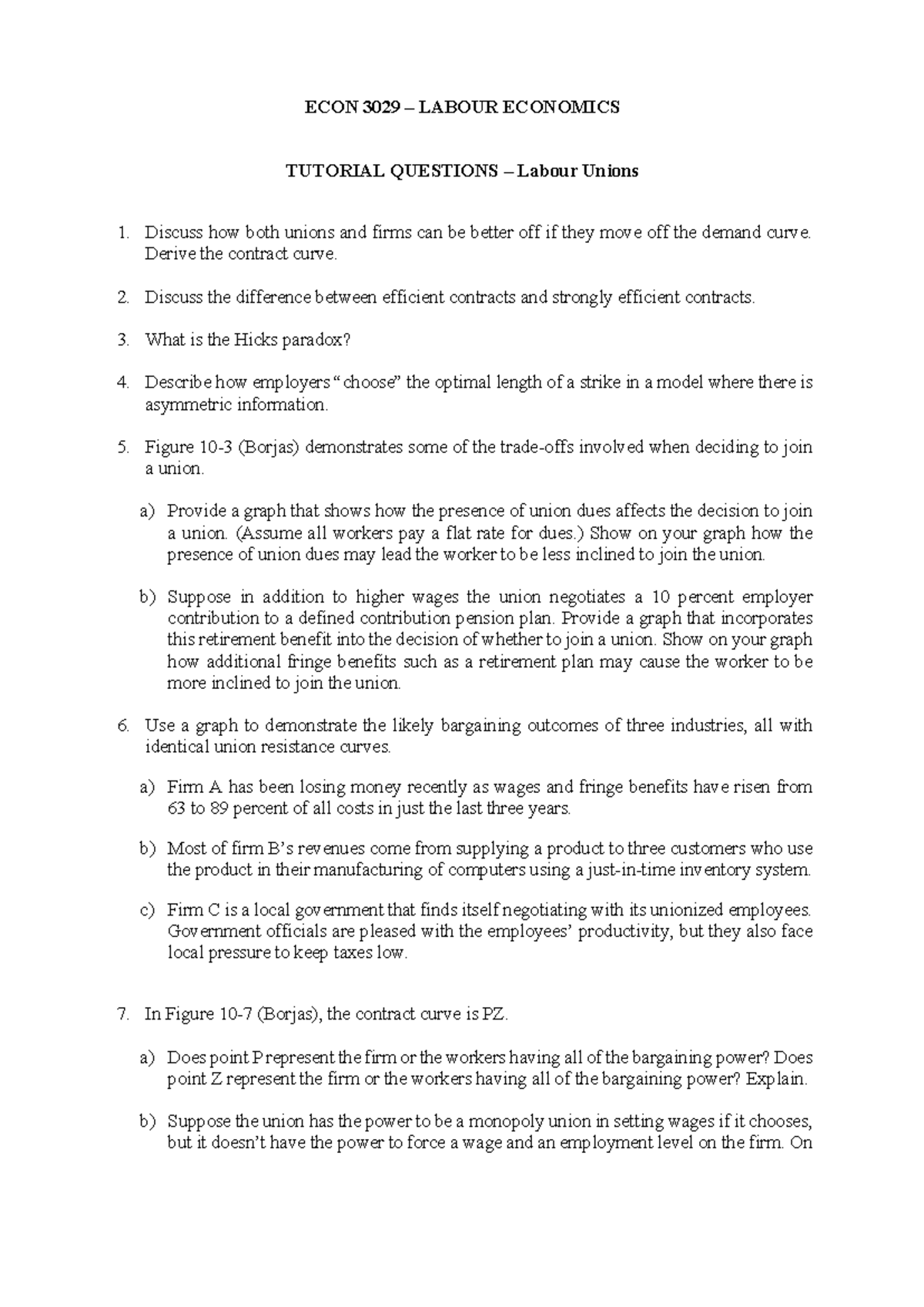 ECON 3029 Tutorial: Key Concepts in Labour Unions and Bargaining - Studocu