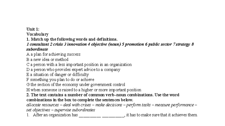Unit 1: Vocabulary Matching & Definitions for Business Terms - Studocu