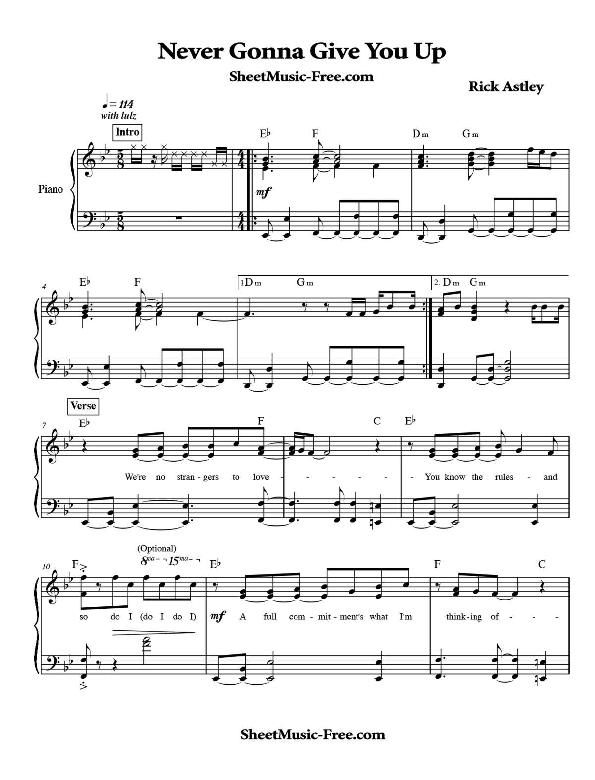 Never Gonna Give You Up Sheet Music (114) - Piano Arrangement - Studocu