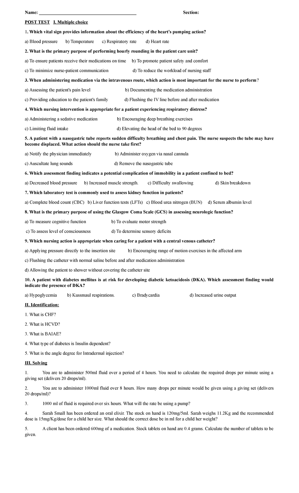 POST TEST: MEDICAL SURGICAL NURSING (Course Code: NUR-301) - Studocu