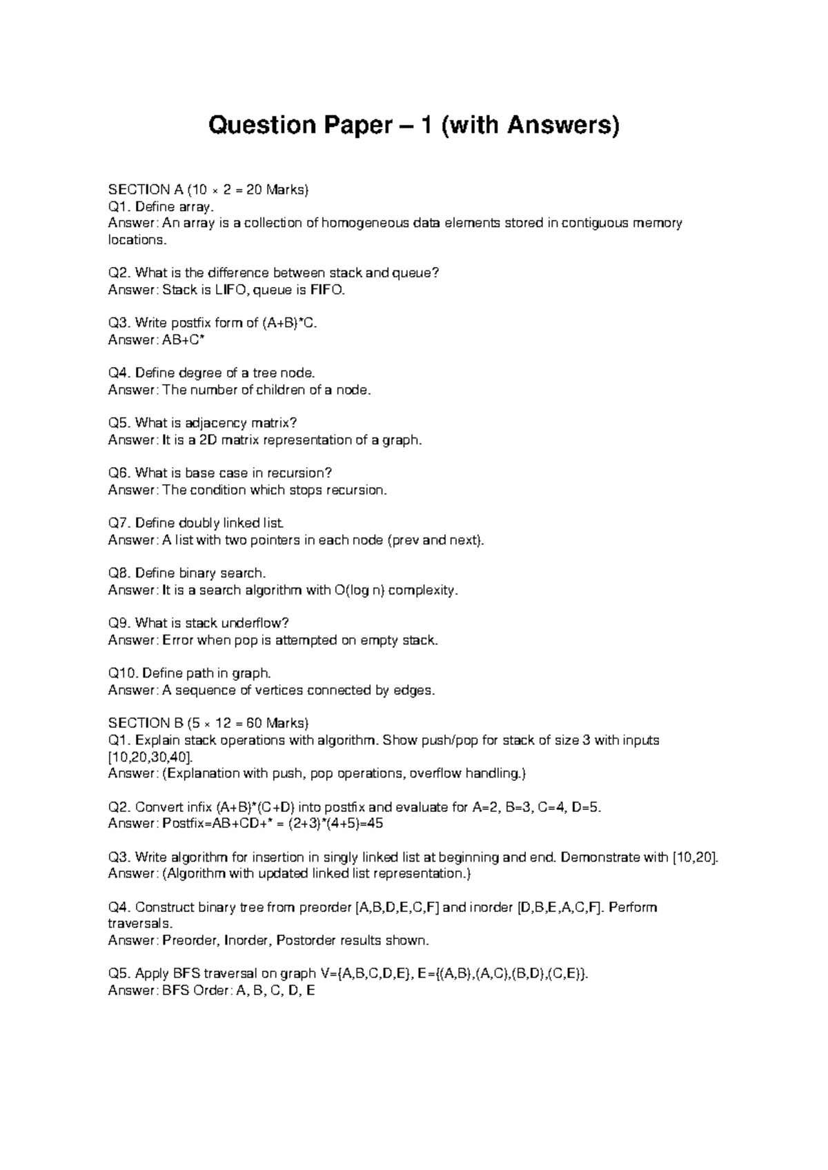 Data Structures (DS101) Question Papers with Solutions - Studocu