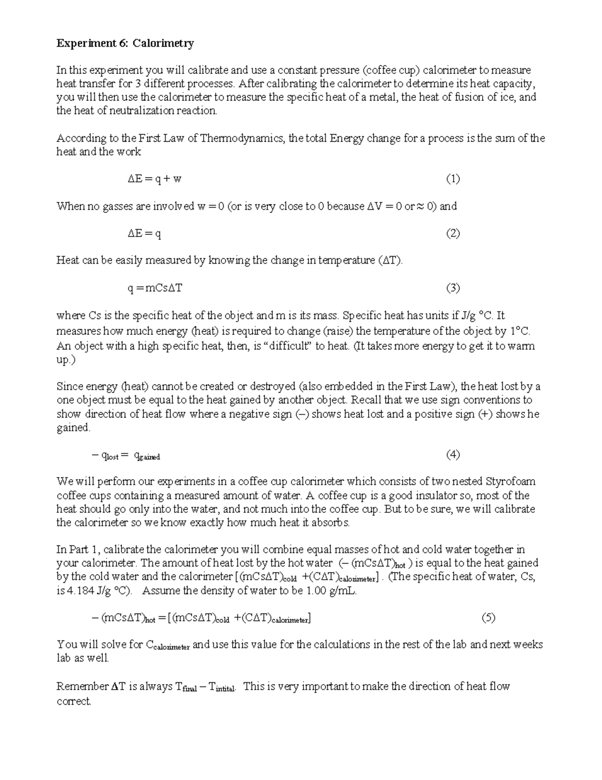 Experiment 6: Calorimetry - Measuring Heat Transfer in Various ...