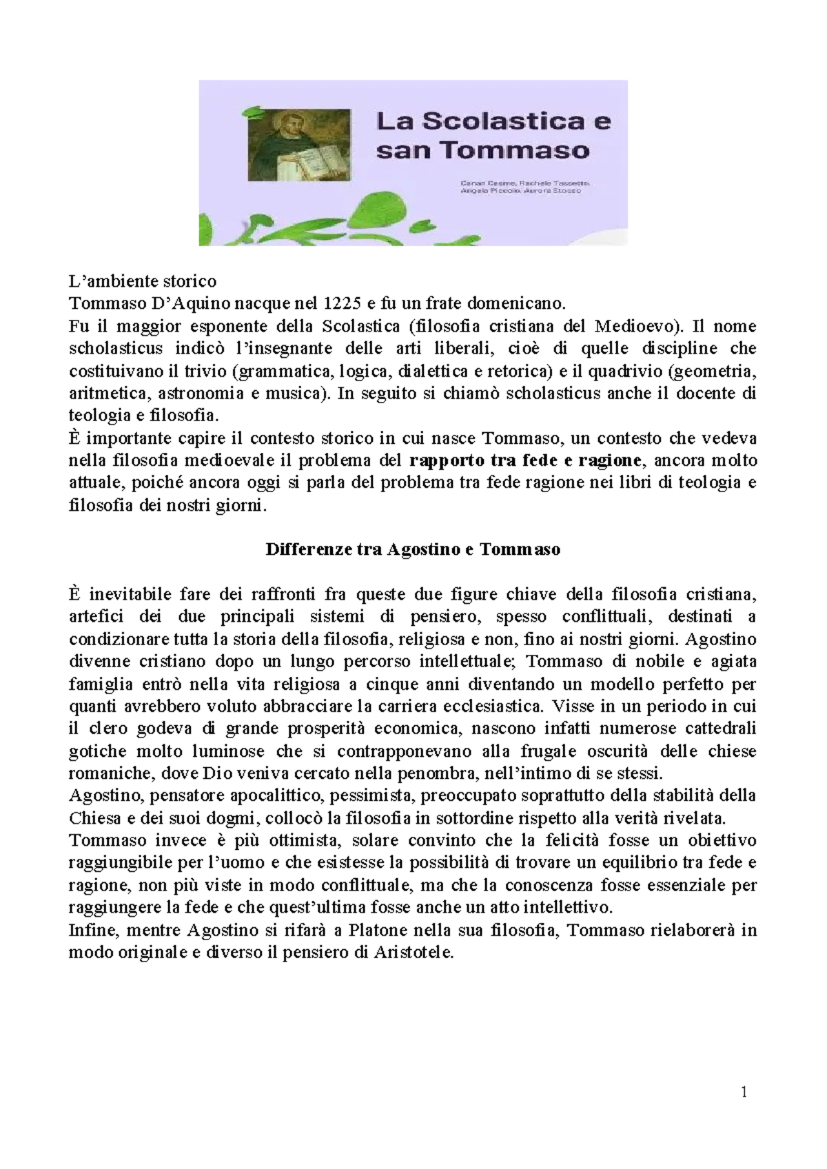 Tommaso D'Aquino: Filosofia e Fede nel Medioevo - Studocu