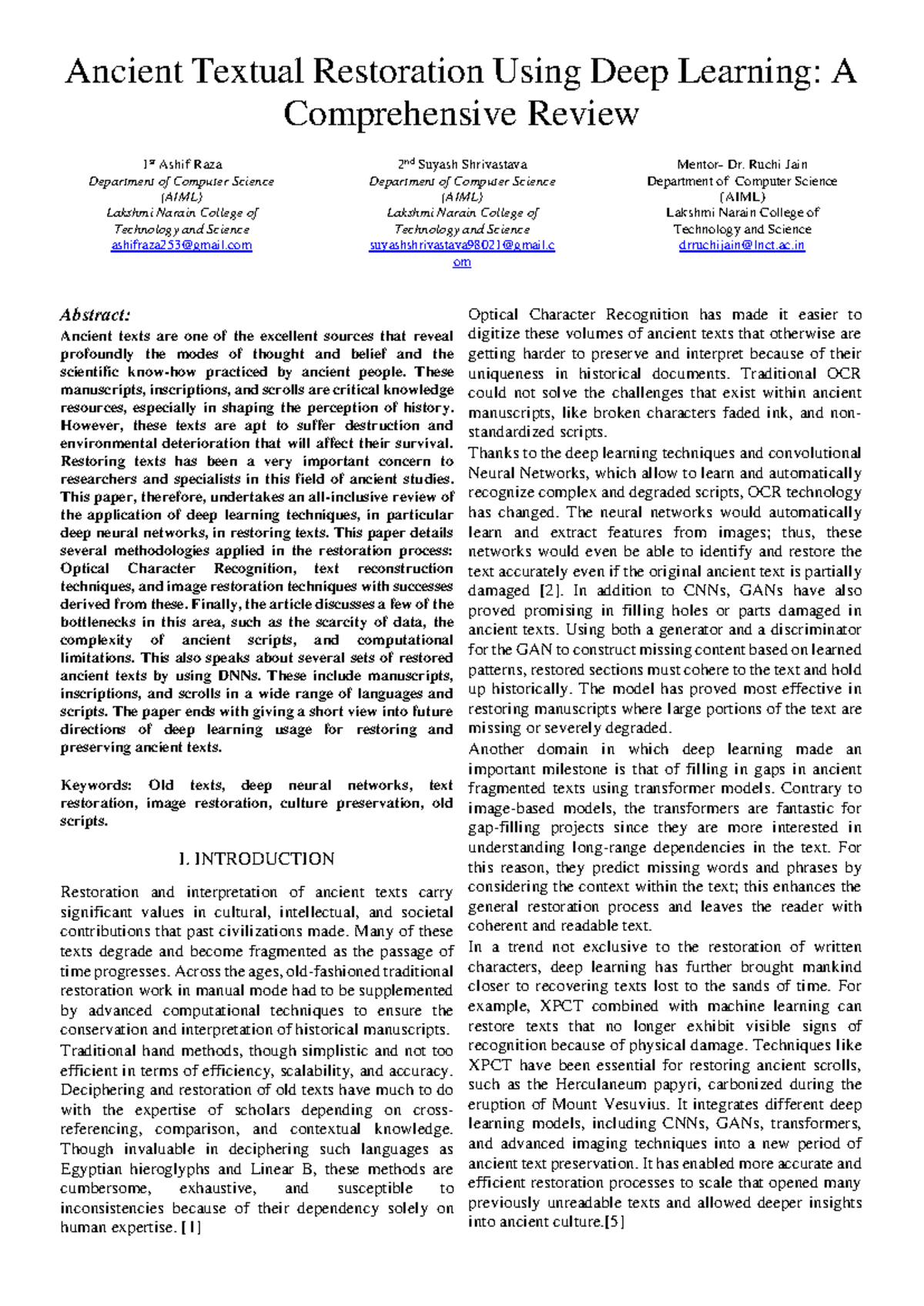 Deep Learning Techniques for Ancient Text Restoration: A Review (CS ...