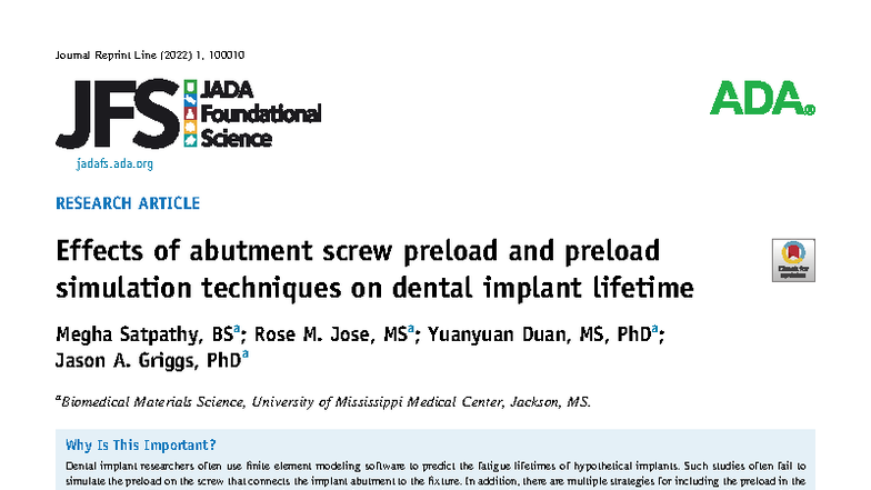 Effects of Preload on Dental Implant Lifetime: A FEA Study (JADA ...