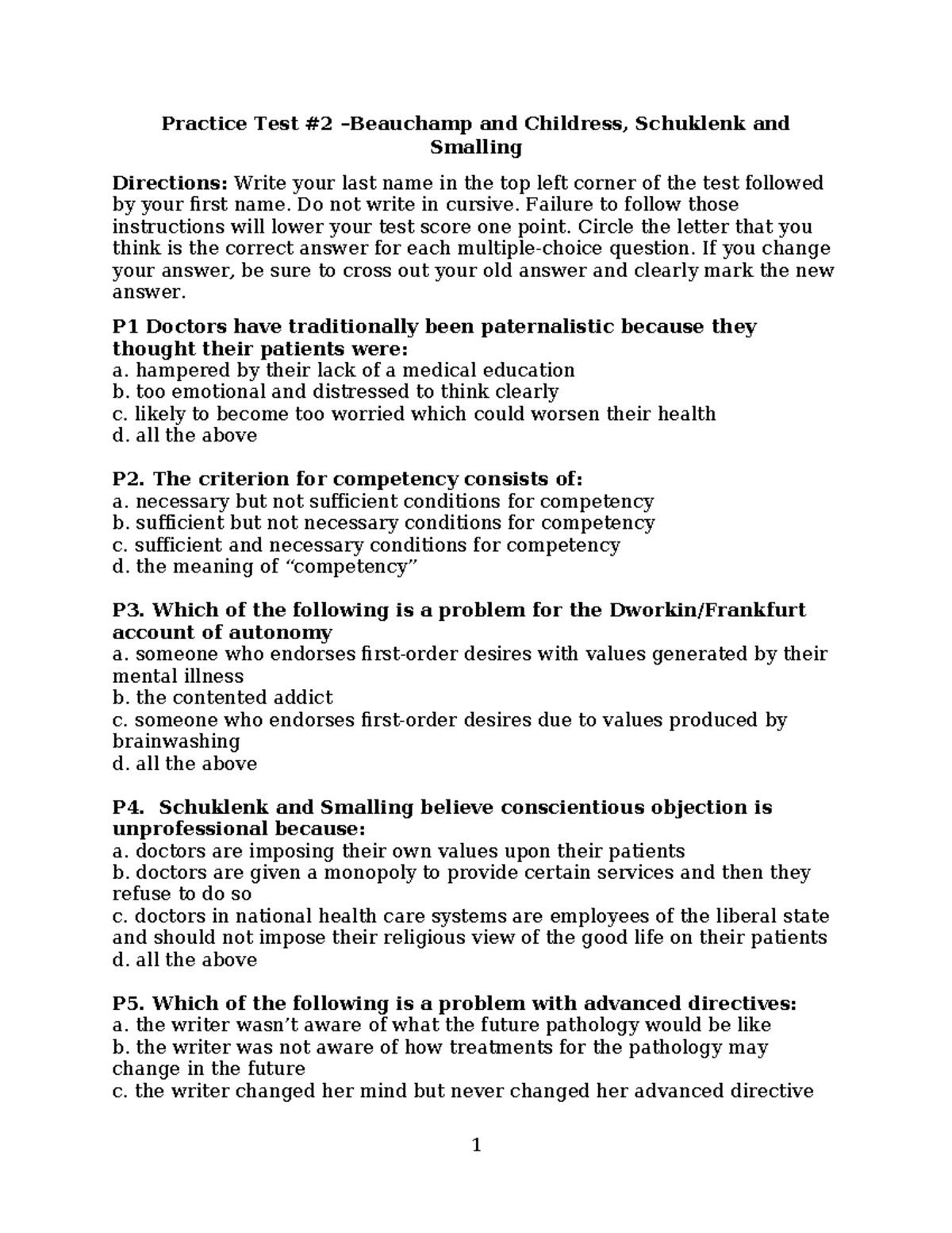 Practice Test #2: Ethics in Medicine - Beauchamp, Childress, Schuklenk ...