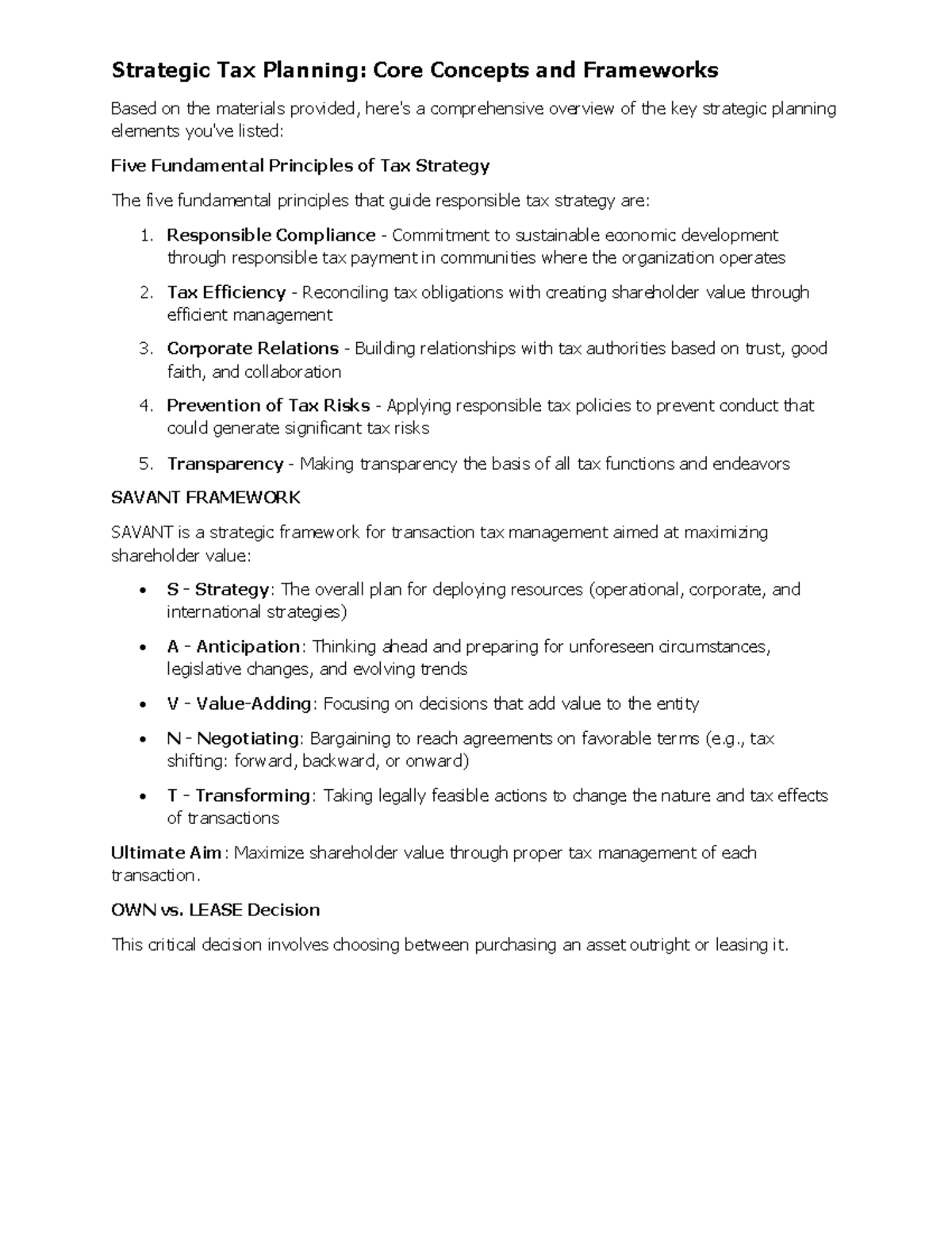 Strategic Tax Planning: Key Concepts & SAVANT Framework Overview - Studocu